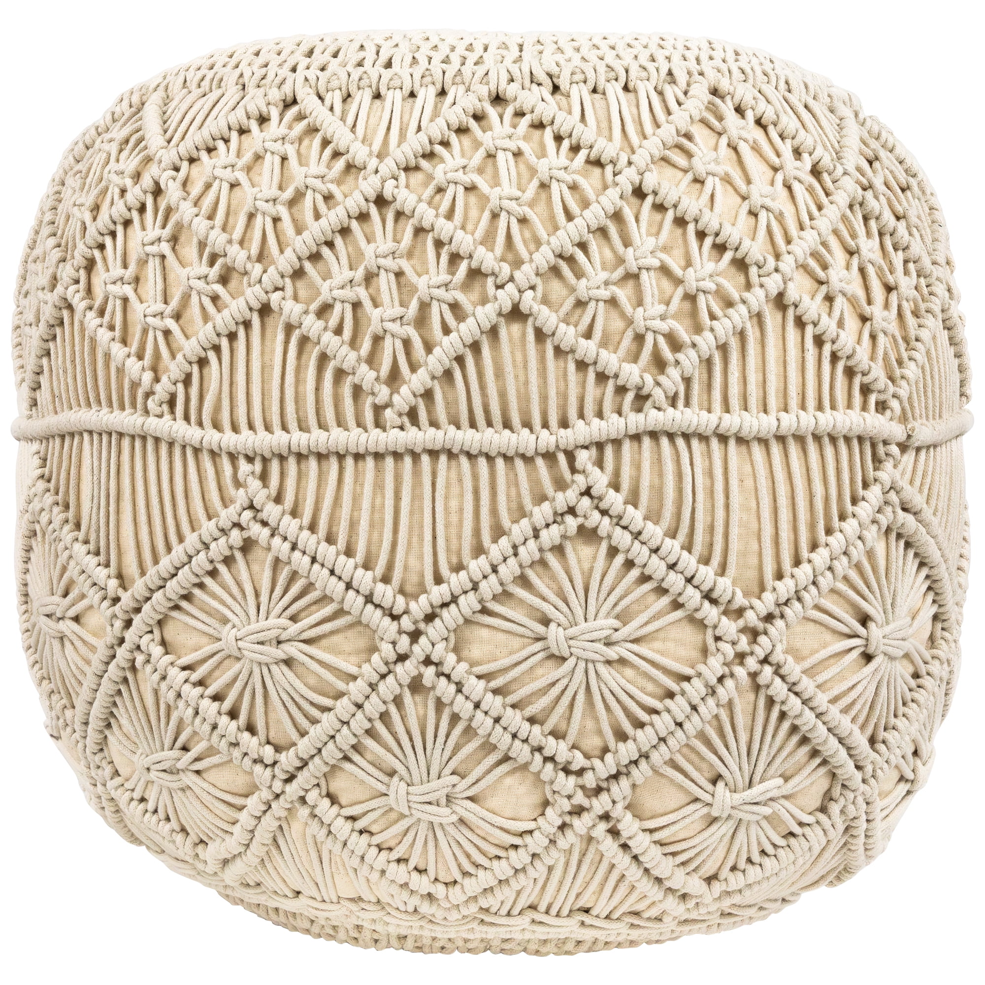 Northlight 18" Solid Cream Macrame Round Handmade Natural Cotton Pouf ...