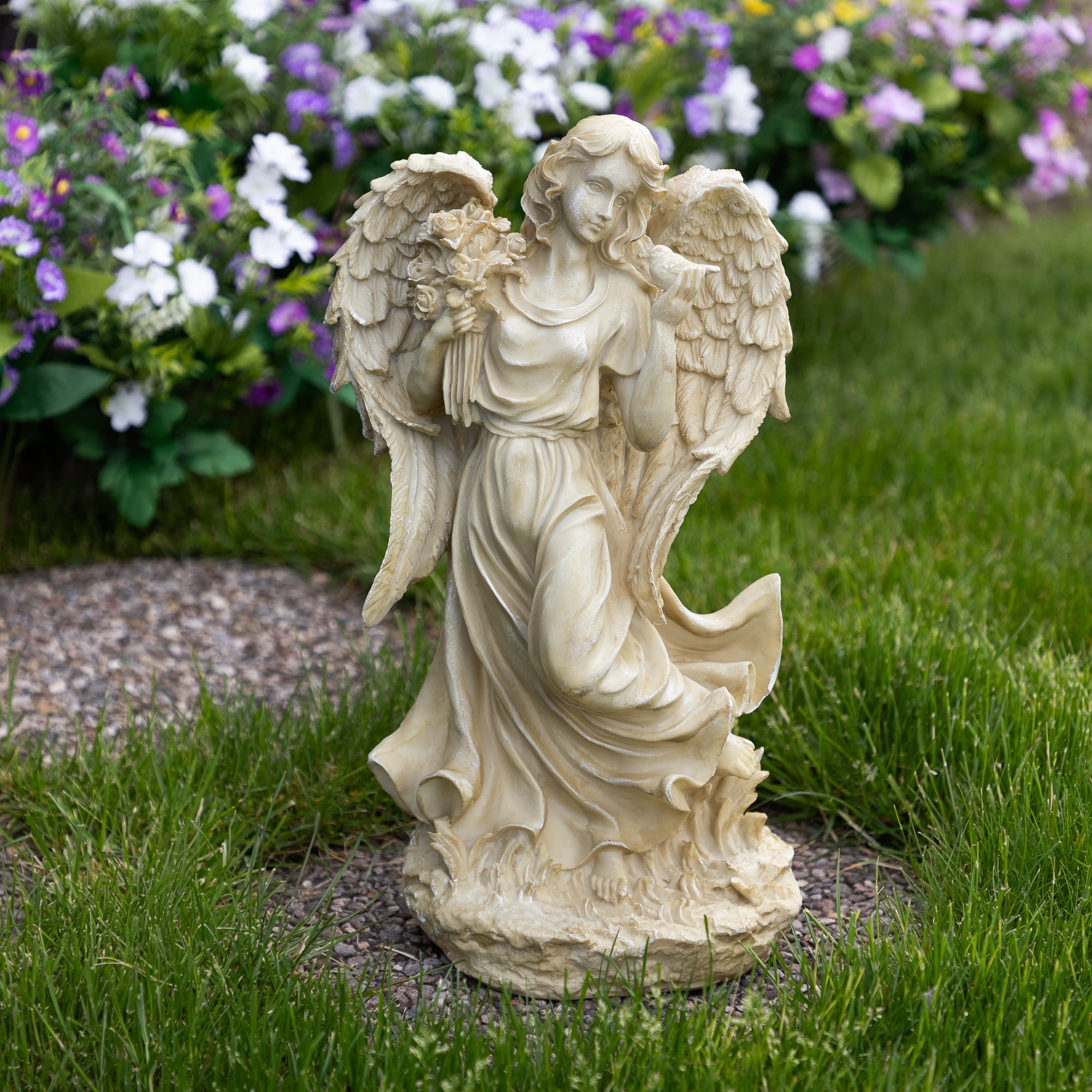 Northlight 18" Weathered Angel with Bird and Bouquet Outdoor Patio ...