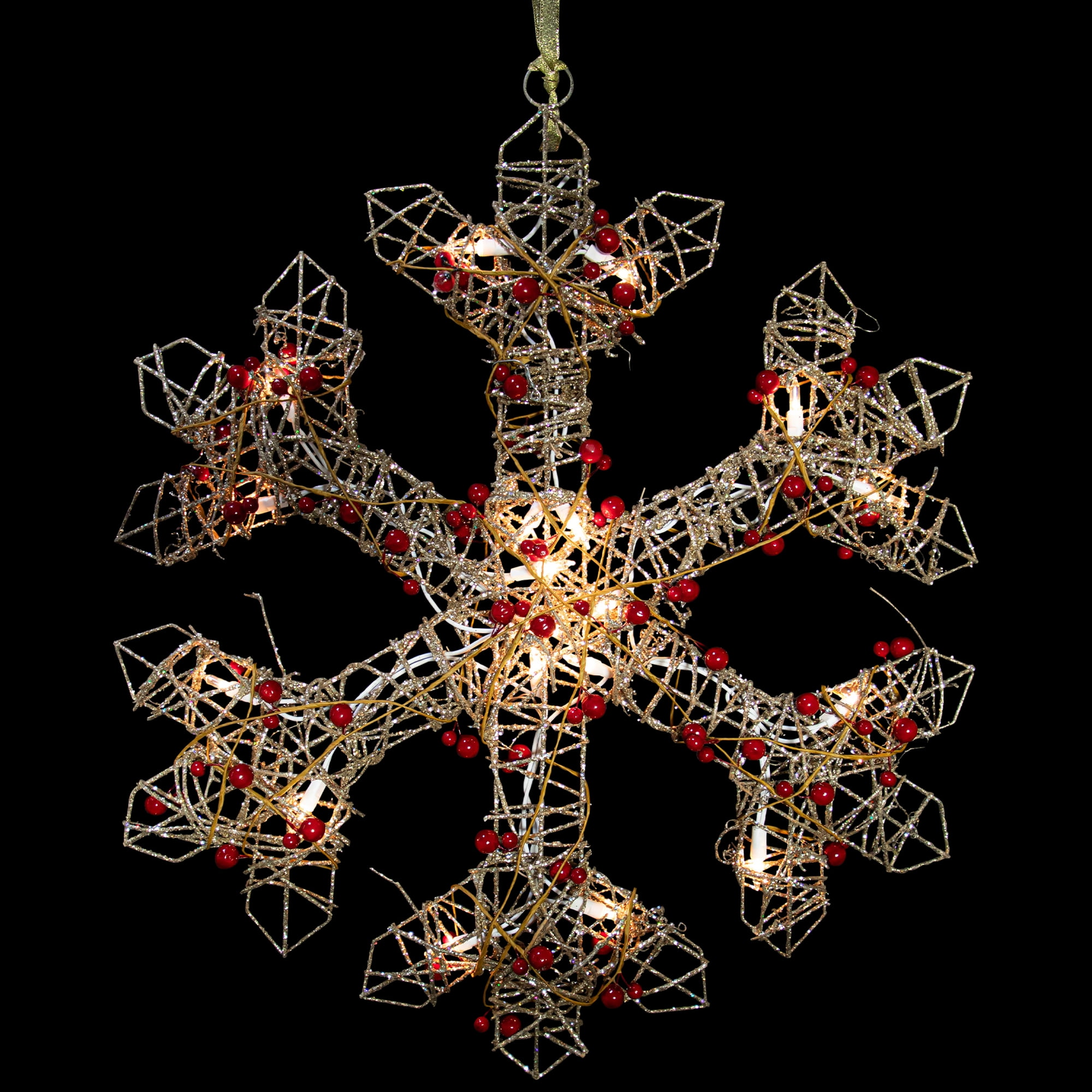 Northlight 19" Lighted Silver Glittered Berry Rattan Snowflake ...