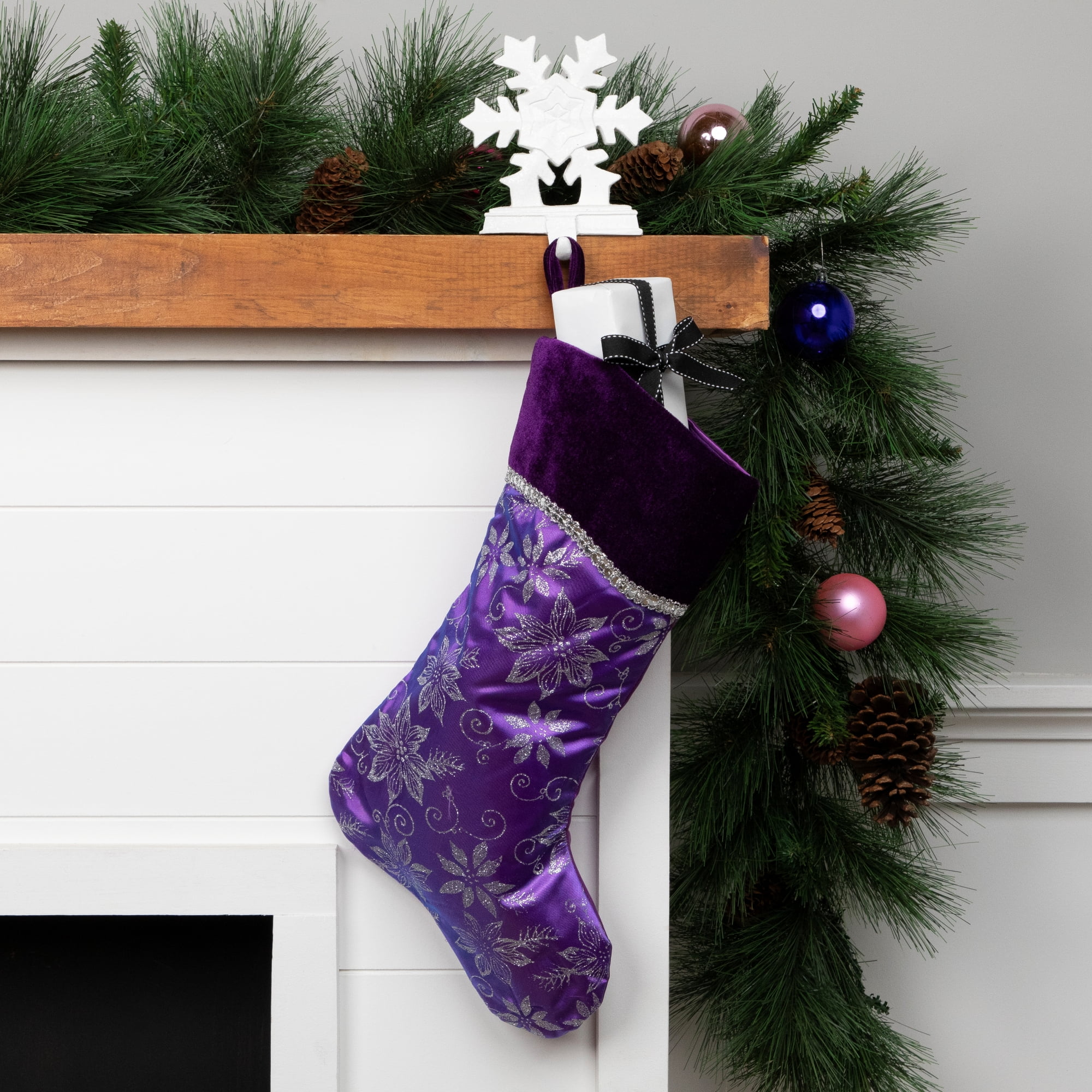 Northlight 20" Purple and Silver Glittered Floral Christmas Stocking ...