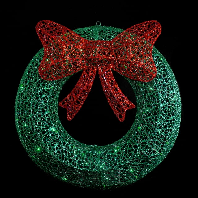 Northlight 24" LED Lighted Green Glitter Wreath with Red Bow Outdoor ...