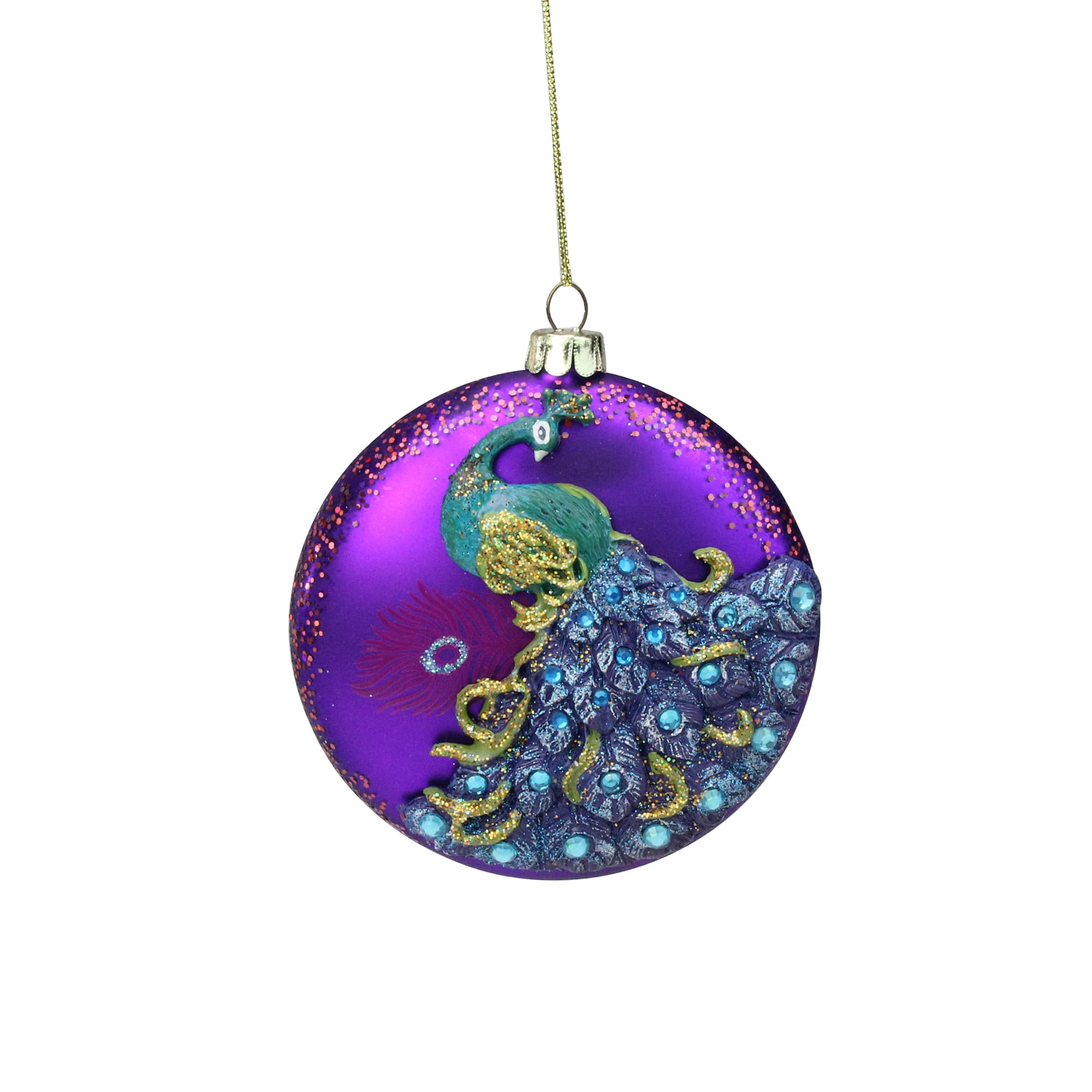 Northlight 4" Glittered Purple and Green Peacock Glass Disc Christmas ...