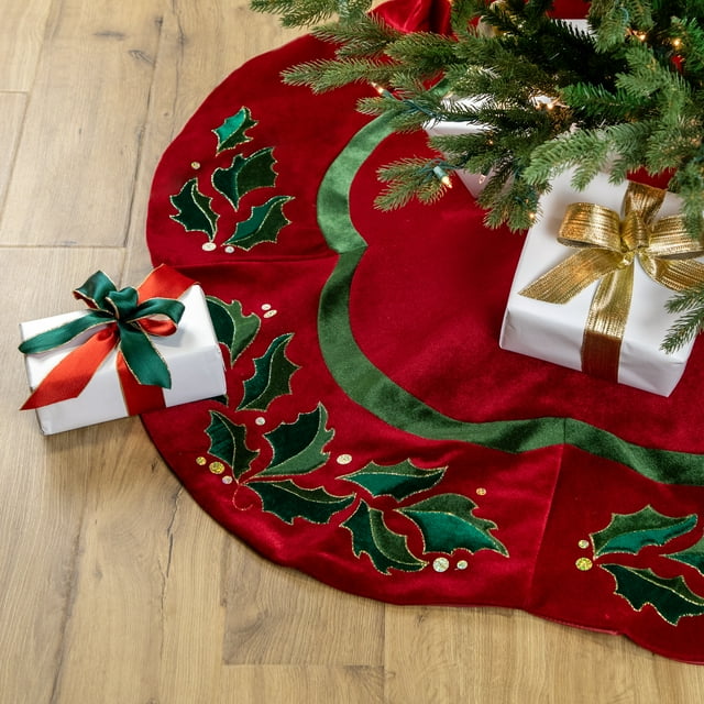 Northlight 48" Red and Green Velveteen Holly Christmas Tree Skirt ...
