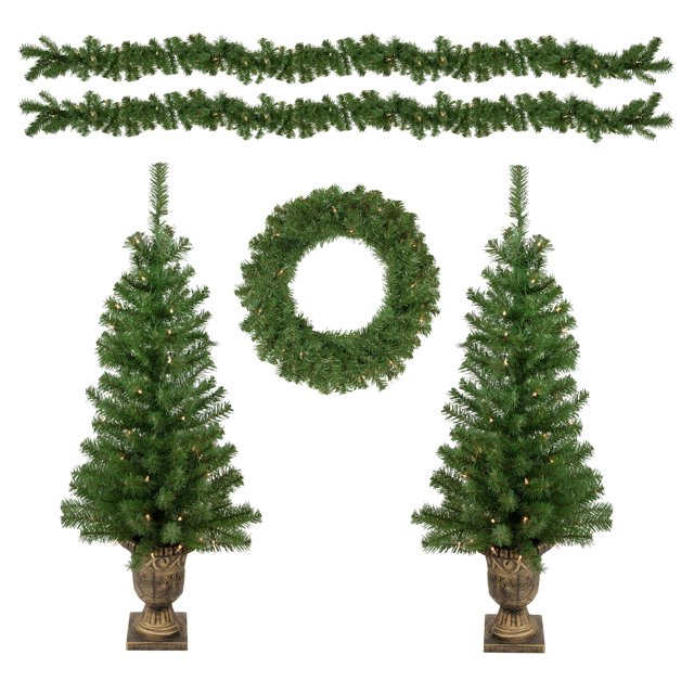 Northlight 5-Piece Pre-Lit Artificial Wolcott Spruce Christmas Entryway ...