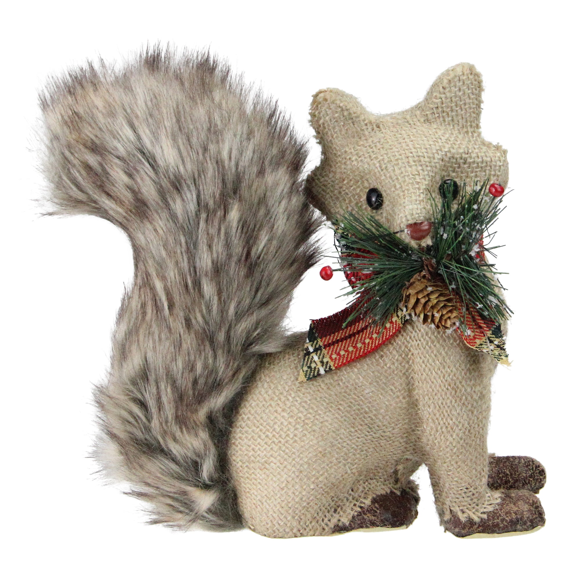 Northlight 8" Holiday Moments Burlap Fox with Fuzzy Tail and Plaid Bow ...