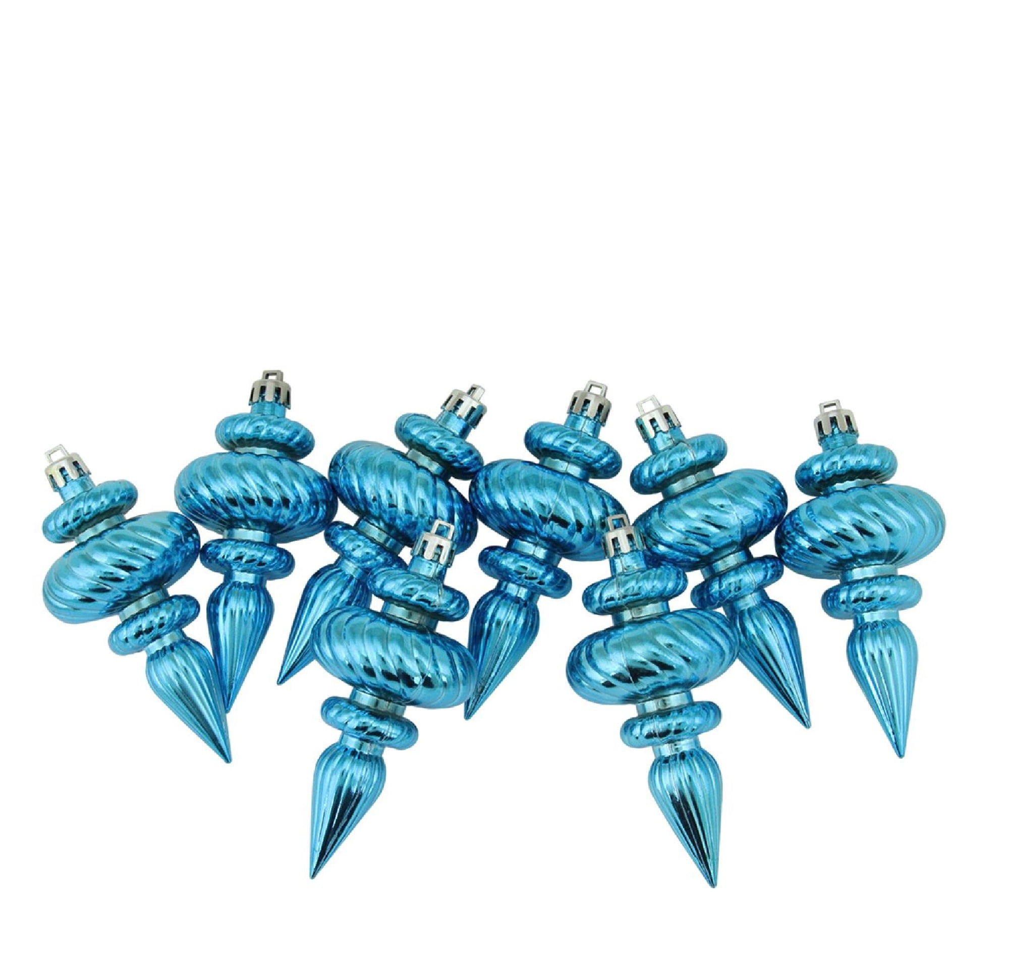 8ct Turquoise Blue Shatterproof Shiny Ribbed Christmas Finial Ornaments ...