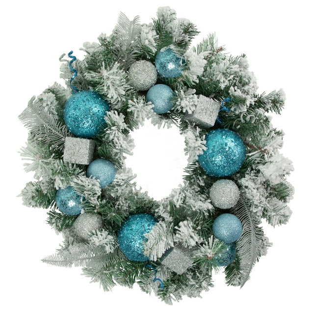 Northlight 24-Inch Flocked Pine Christmas Wreath with Teal and Silver ...