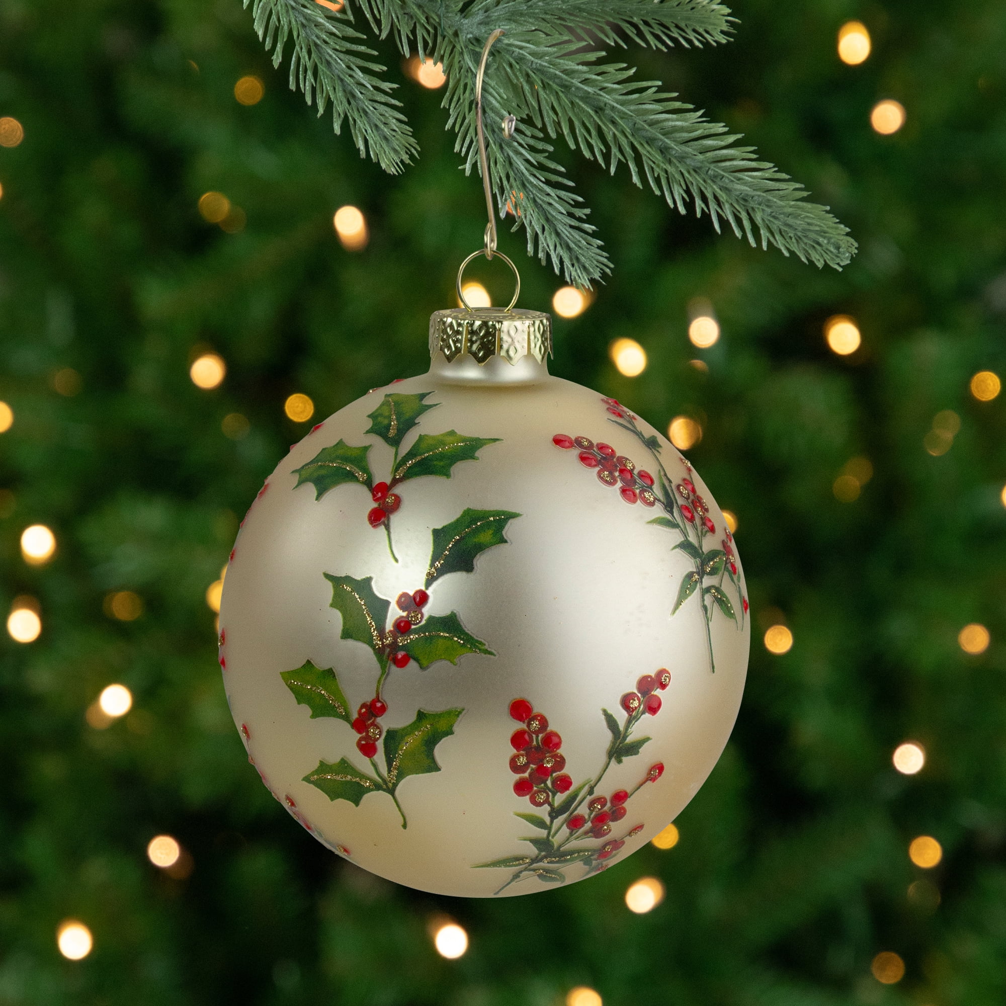Gold Holly Berry Glass Ball Christmas Ornament 4" (100mm) - Walmart.com