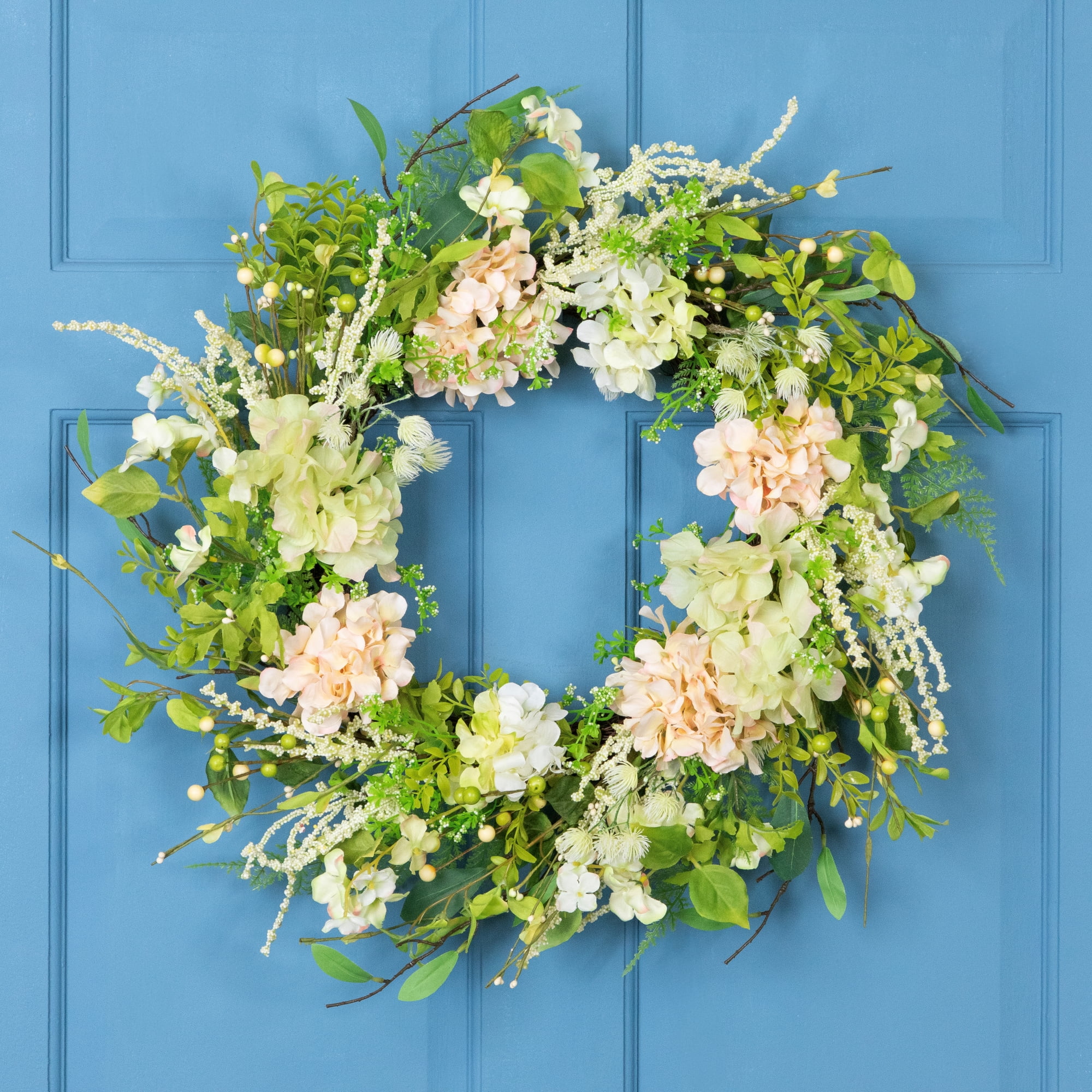 Northlight Hydrangea and Fern Spring Floral Berry Artificial Wreath ...