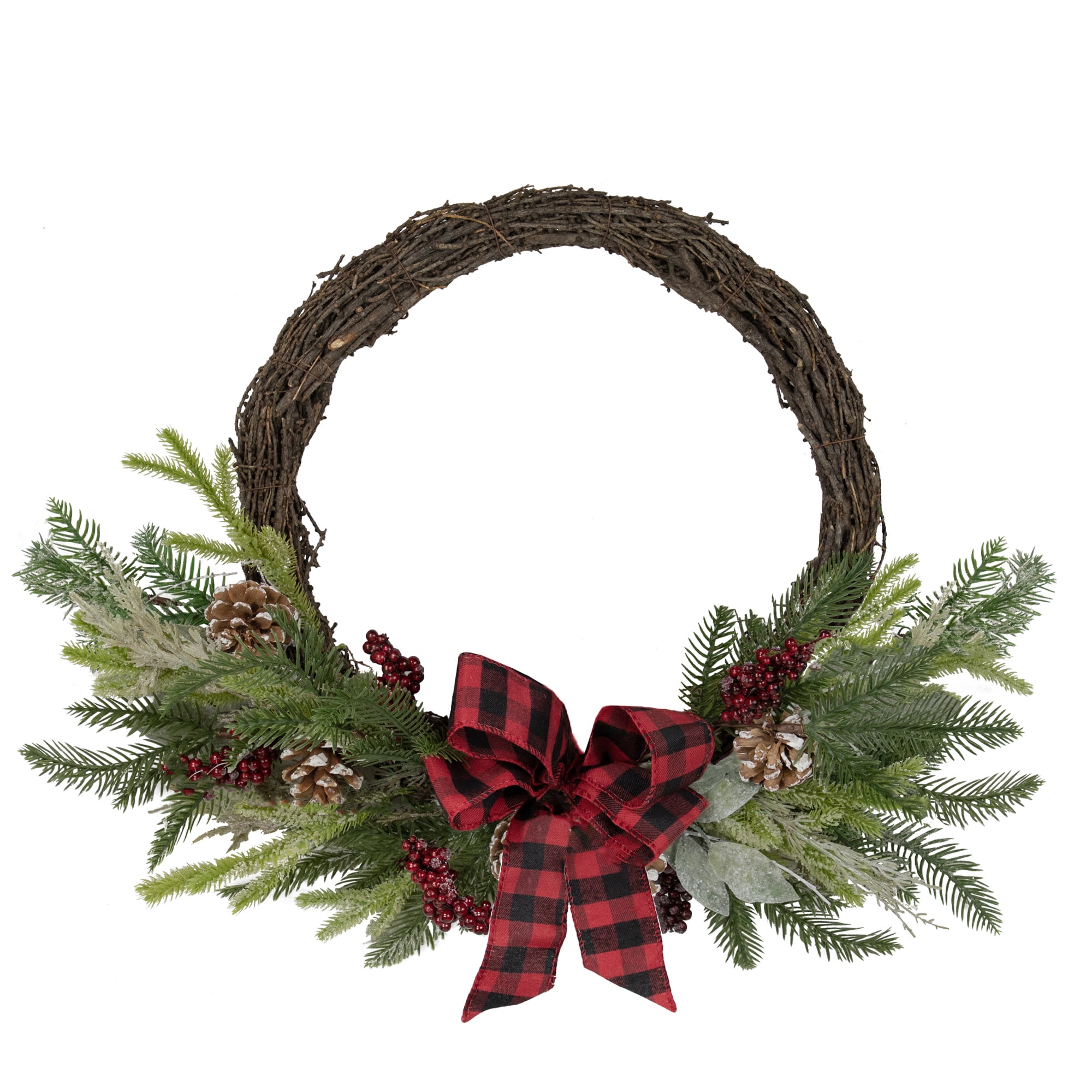 Northlight Icy Winter Foliage and Plaid Bow Artificial Christmas Twig ...