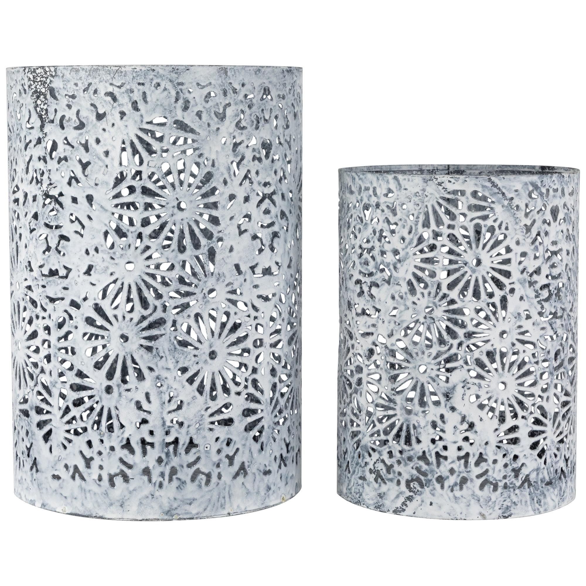 Northlight Laser-Cut Floral Iron Pillar Candle Holders - 10" - Gray and ...