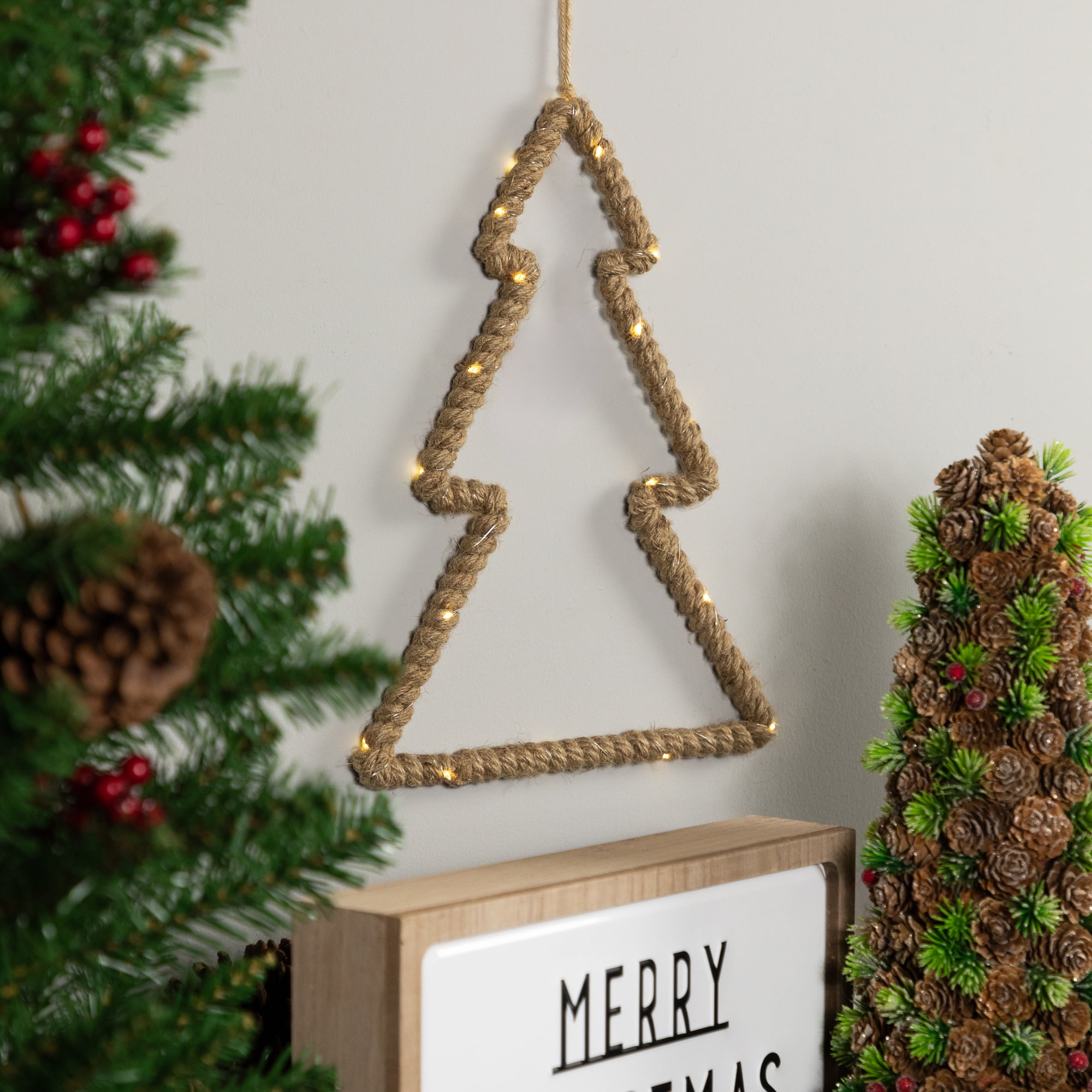 Northlight Lighted Jute Wrapped Pine Tree Silhouette Hanging Christmas ...