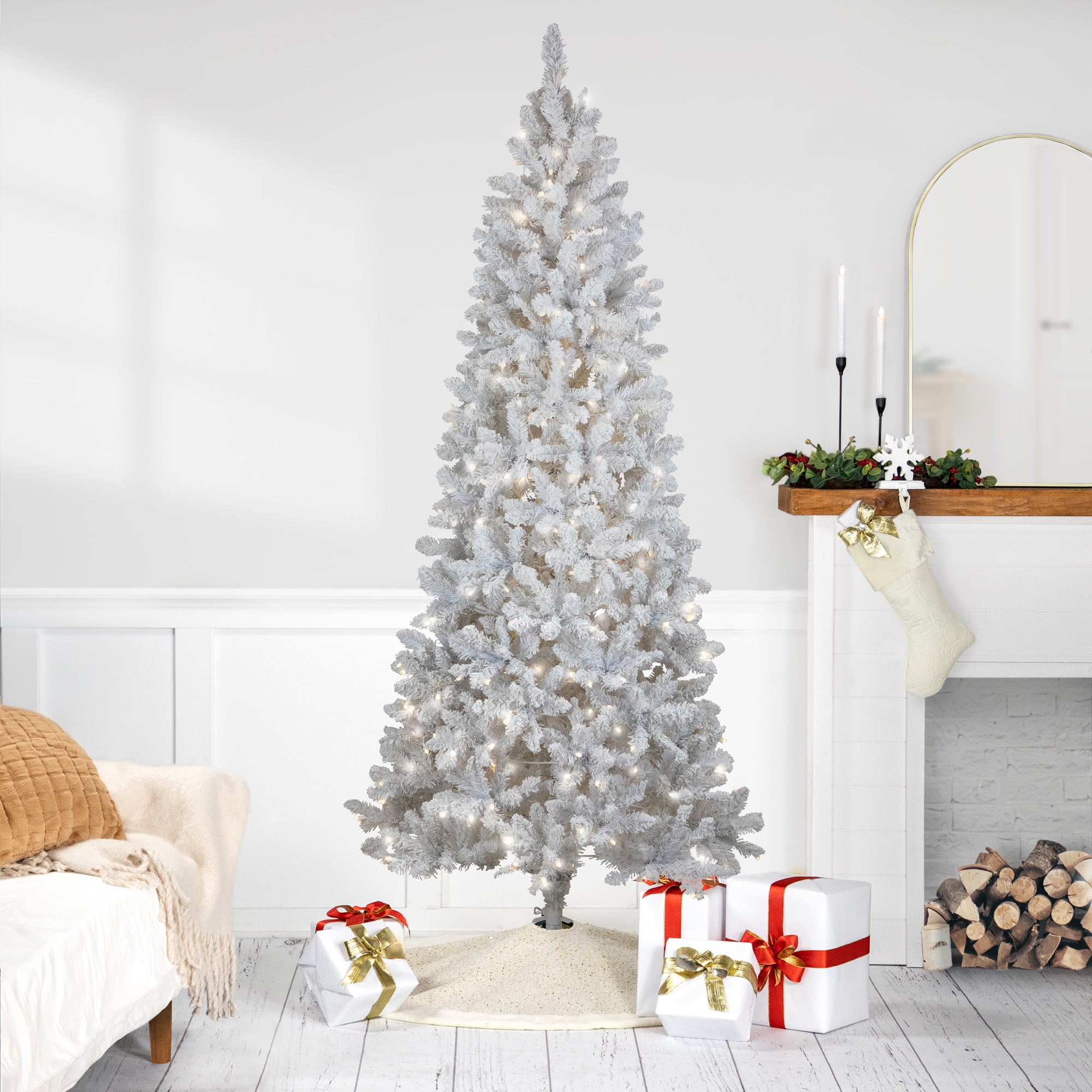 Northlight Pre-Lit Slim Flocked White Pine Artificial Christmas Tree ...