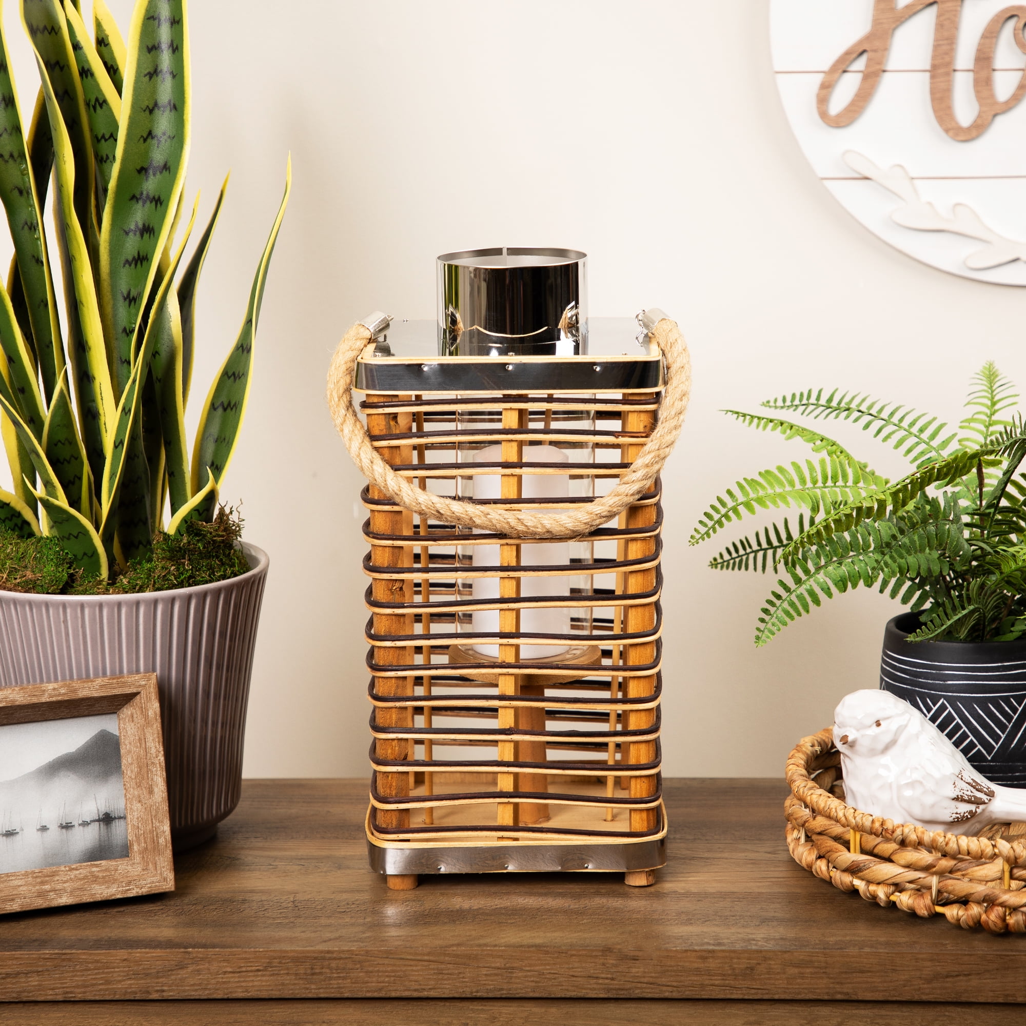 Northlight Rectangular Rattan Glass Candle Lantern with Jute Handle ...