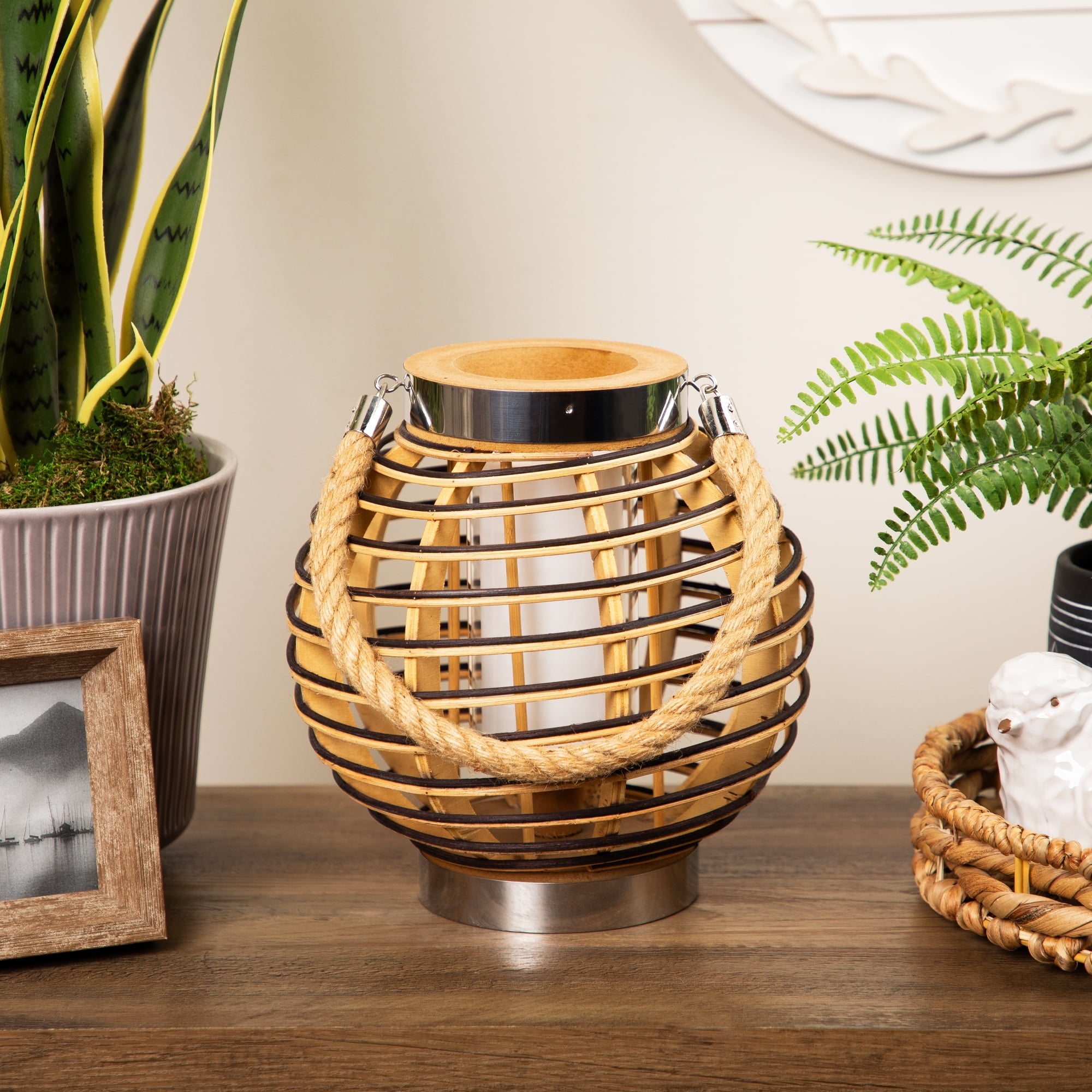 Northlight Round Rattan Glass Candle Lantern with Jute Handle - 9.5 ...