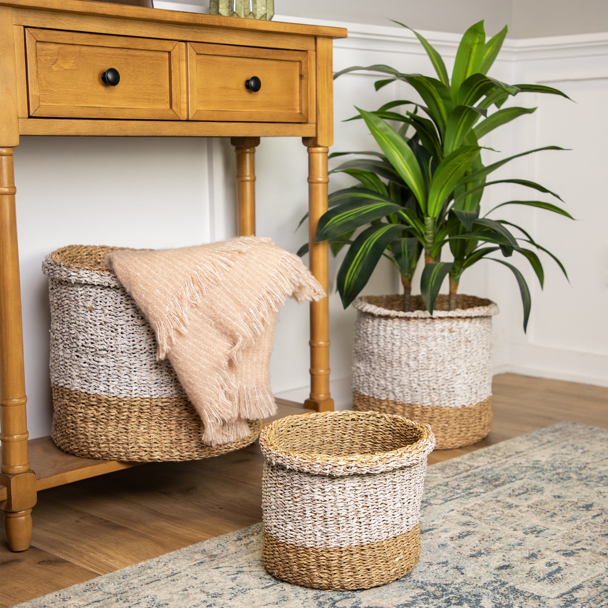 Northlight Round Wicker Table and Floor Baskets - Beige and White - Set ...