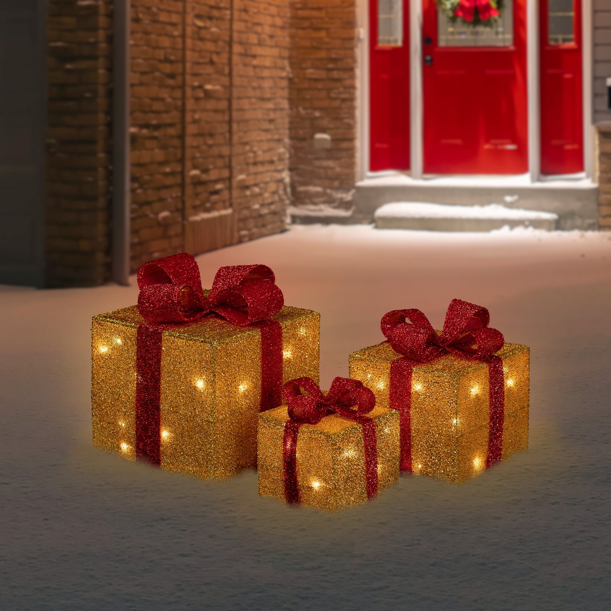 Northlight Set of 3 Gold and Red Gift Boxes with Bows Lighted Christmas ...
