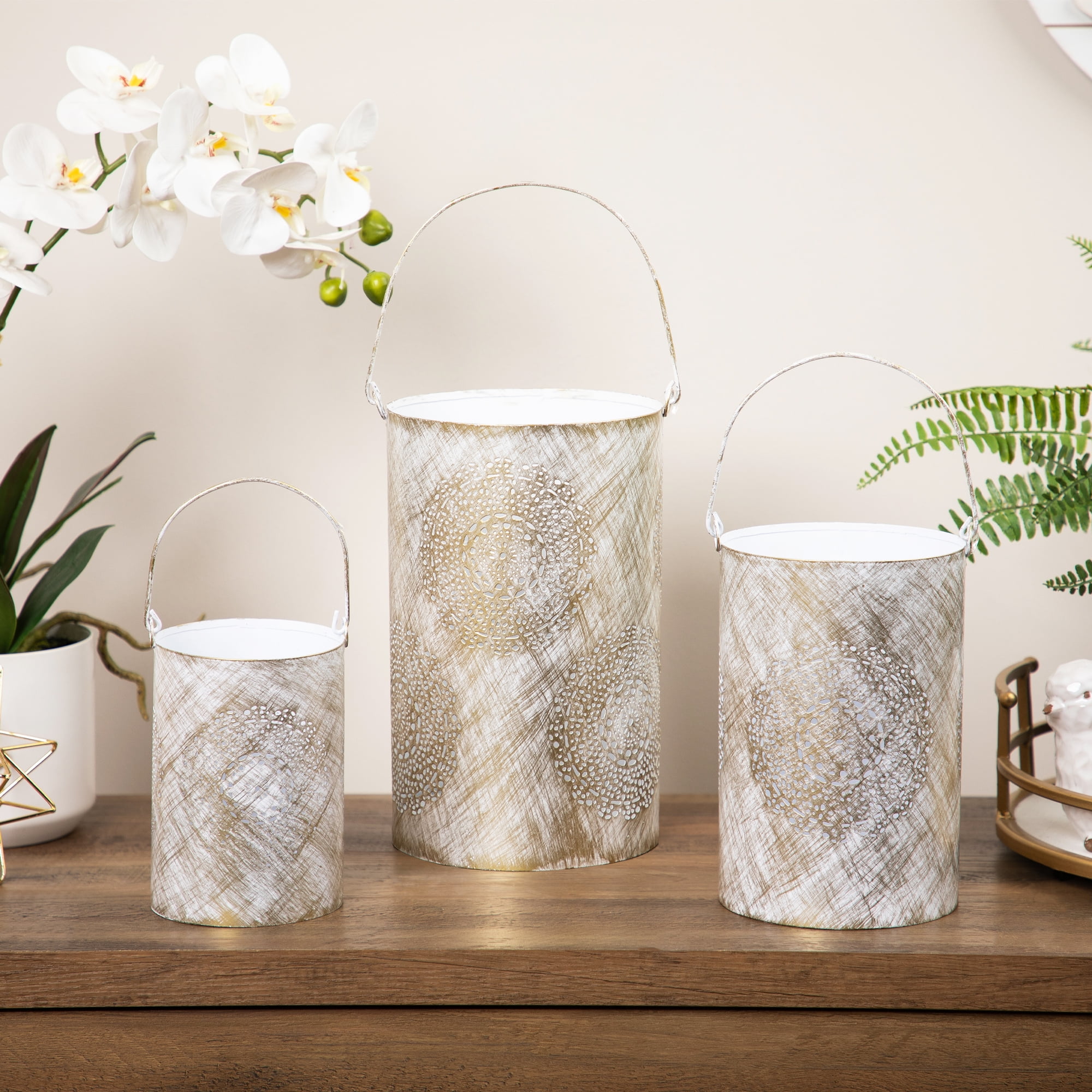 Northlight Floral Cut-Out Pillar Candle Lanterns - 10" - Gold and White ...
