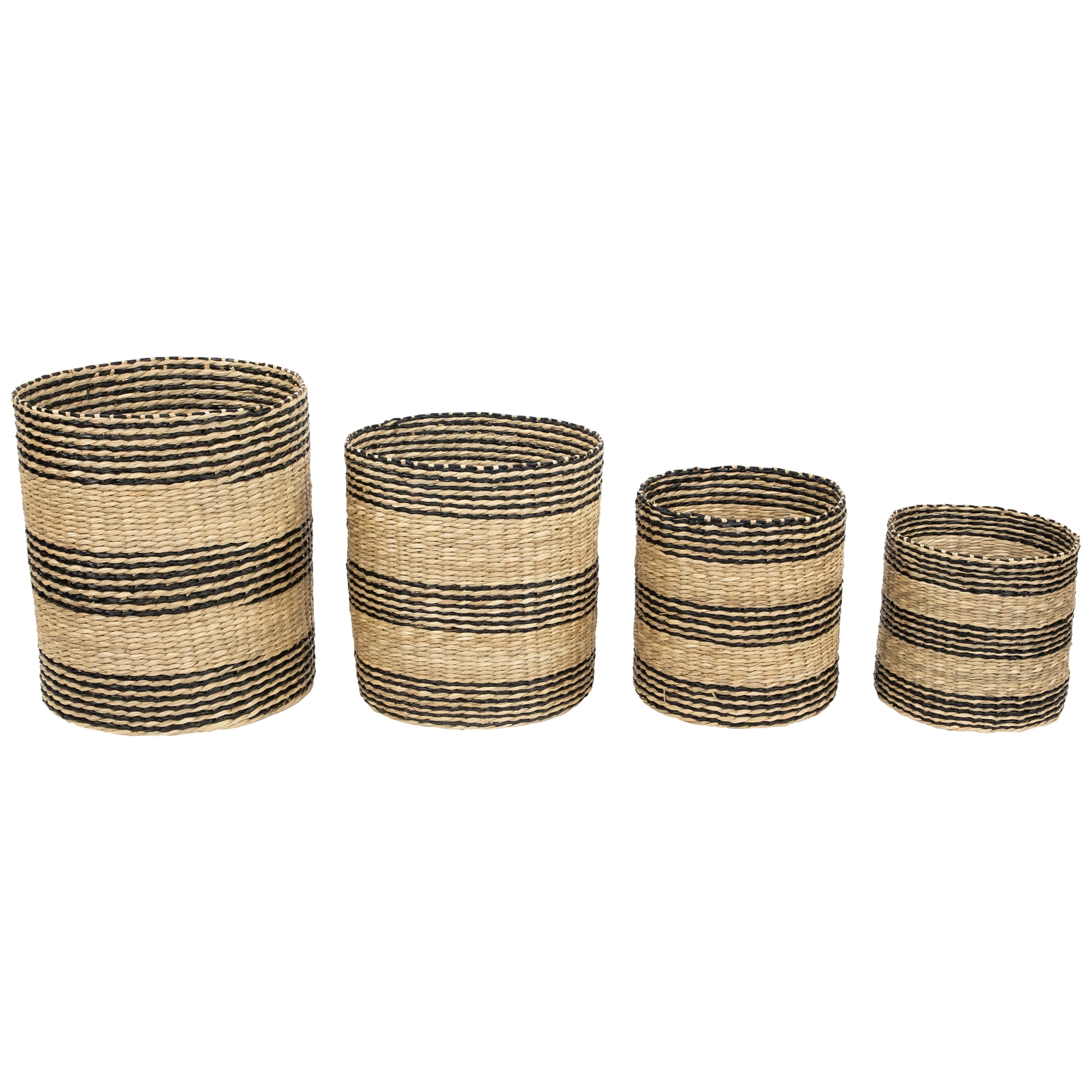Northlight Set of 4 Beige and Black Striped Woven Round Seagrass ...