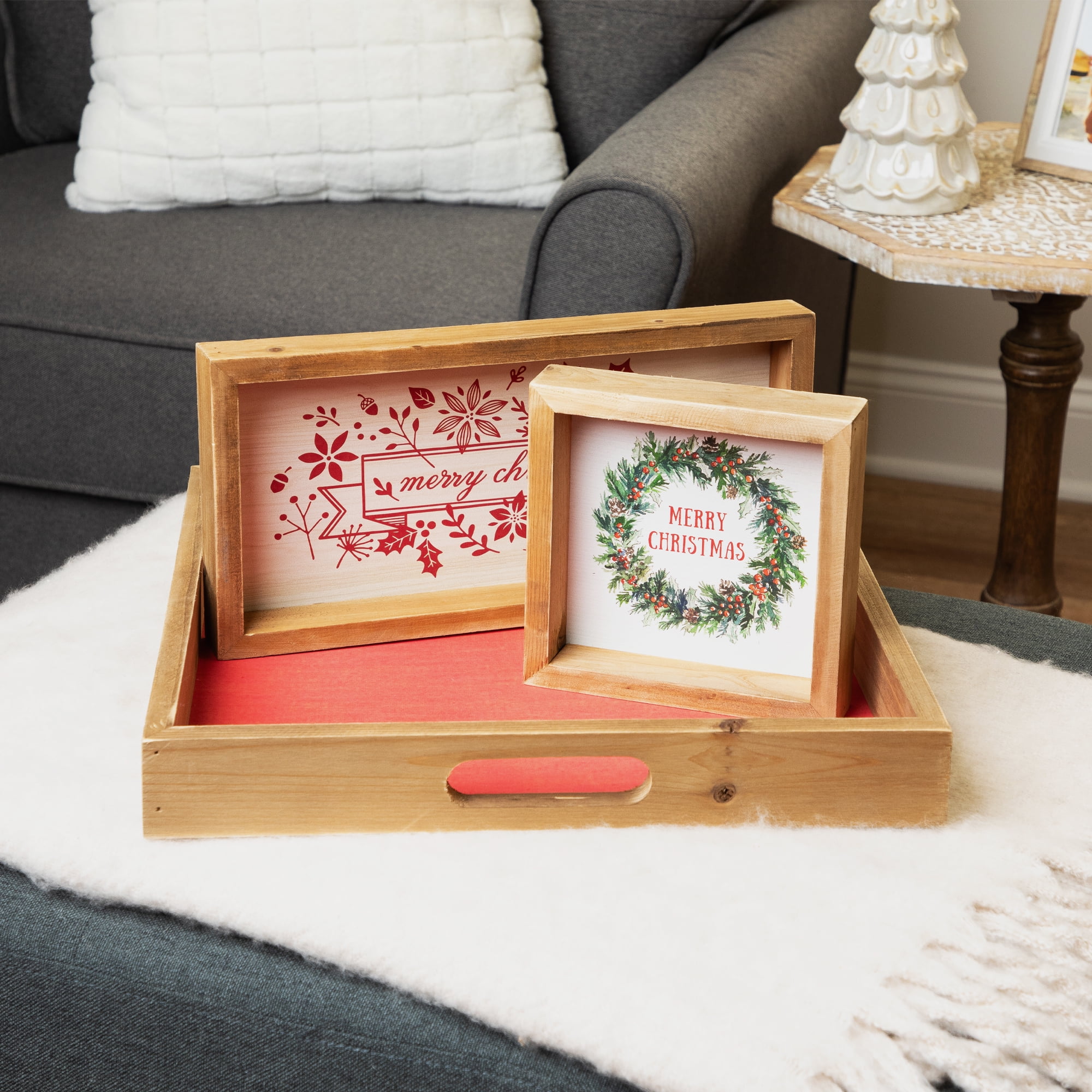 Northlight Wooden "Merry Christmas" Plaques and Serving Tray with ...
