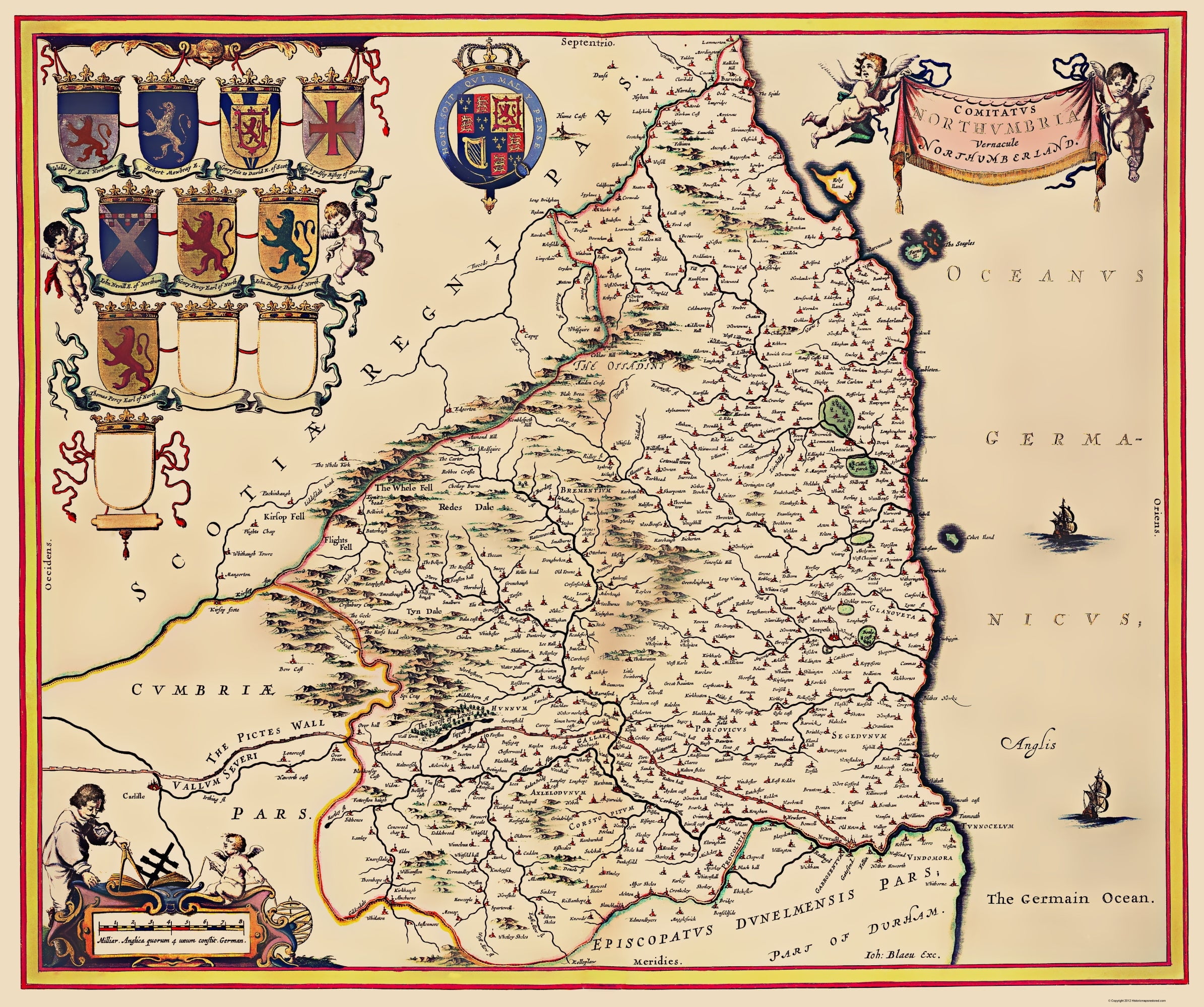 Historic Map - Northumberland County England - Blaeu 1645 - 23 x 27.48 ...