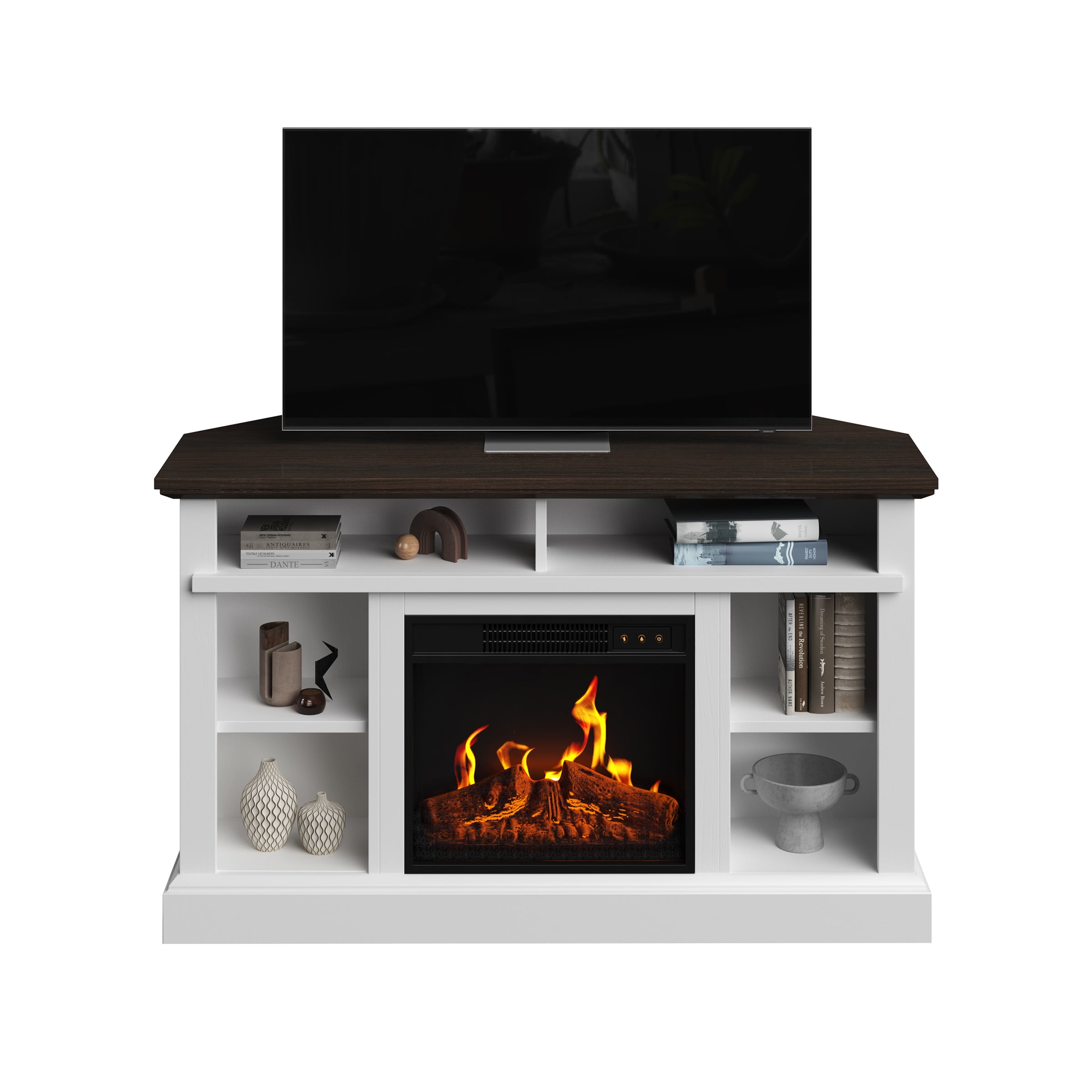 Northwest Corner TV Stand with Electric Fireplace Fits 55 Inch TVS White