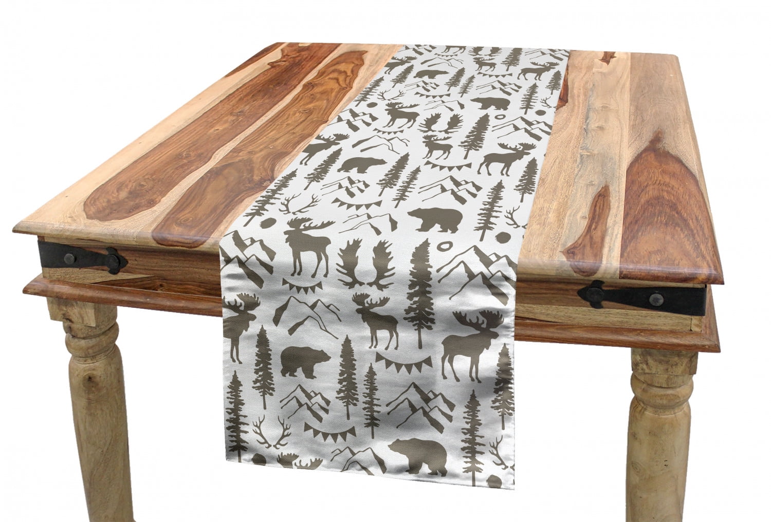 Northwoods Table Runner, Forest Elements with Bear Moose Trees and ...