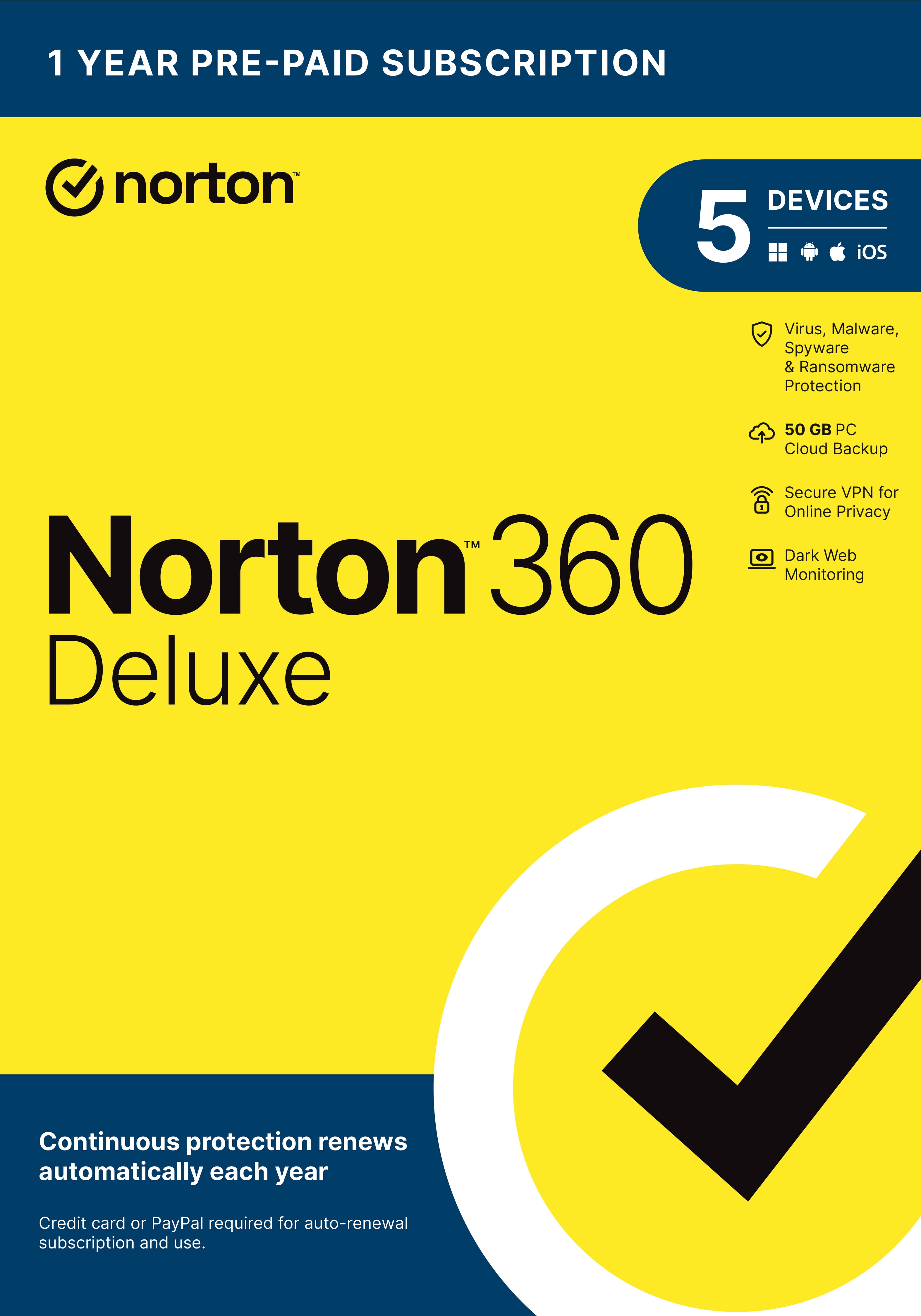 Norton 360 Deluxe, Antivirus for 5 Devices, 1 Year Subscription, VPN ...