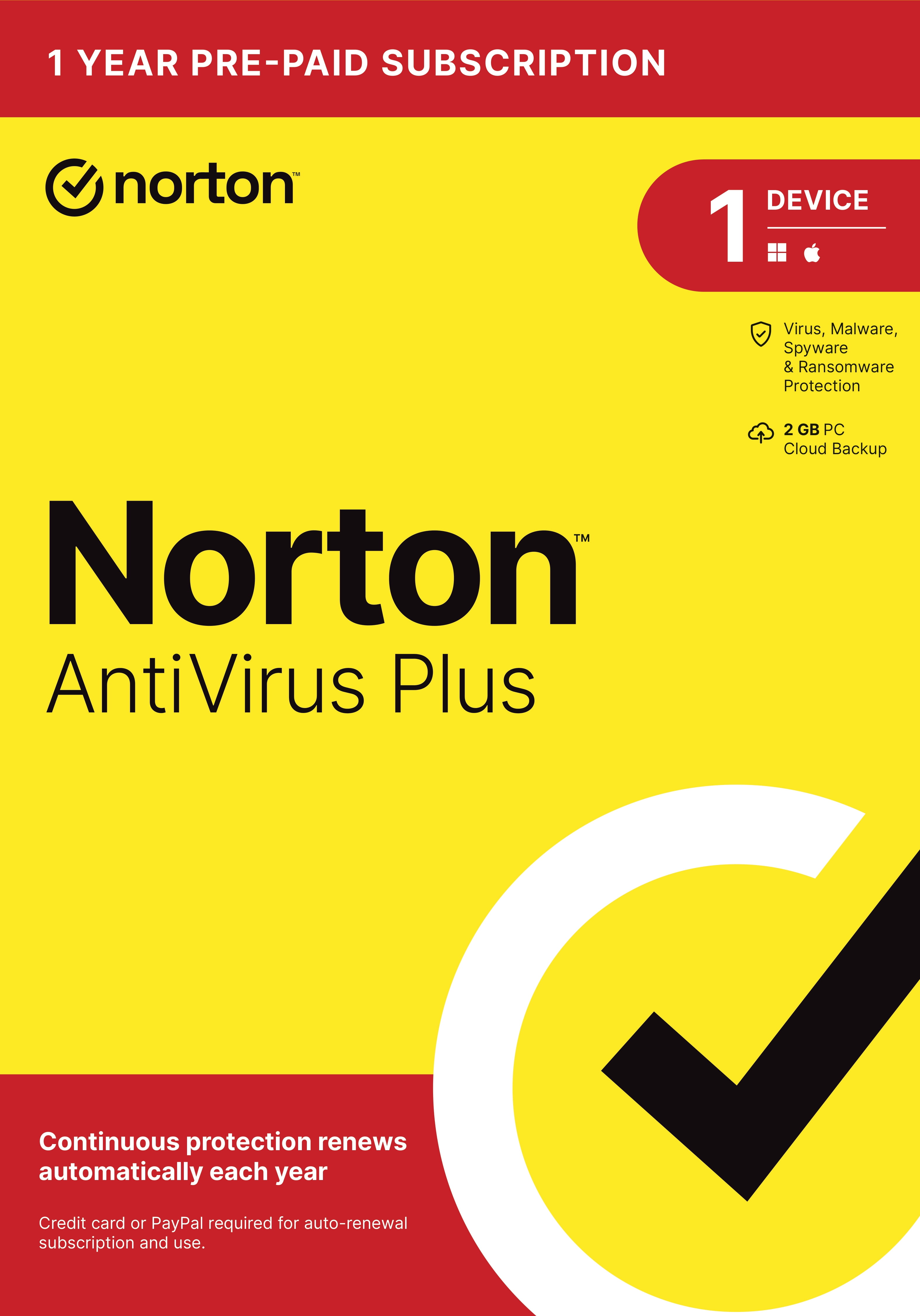 Norton Anti Virus Plus for 1 Device, 1 Year Subscription, PC/Mac [Card ...
