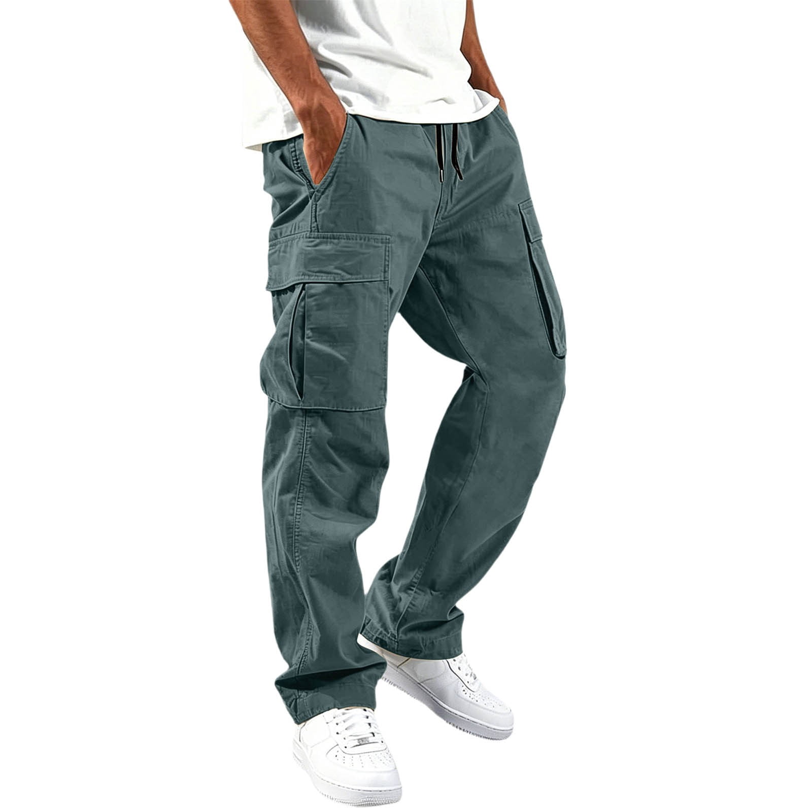 Norvella Mens Cargo Trousers Solid Drawstring Elastic Waist Large Flap ...