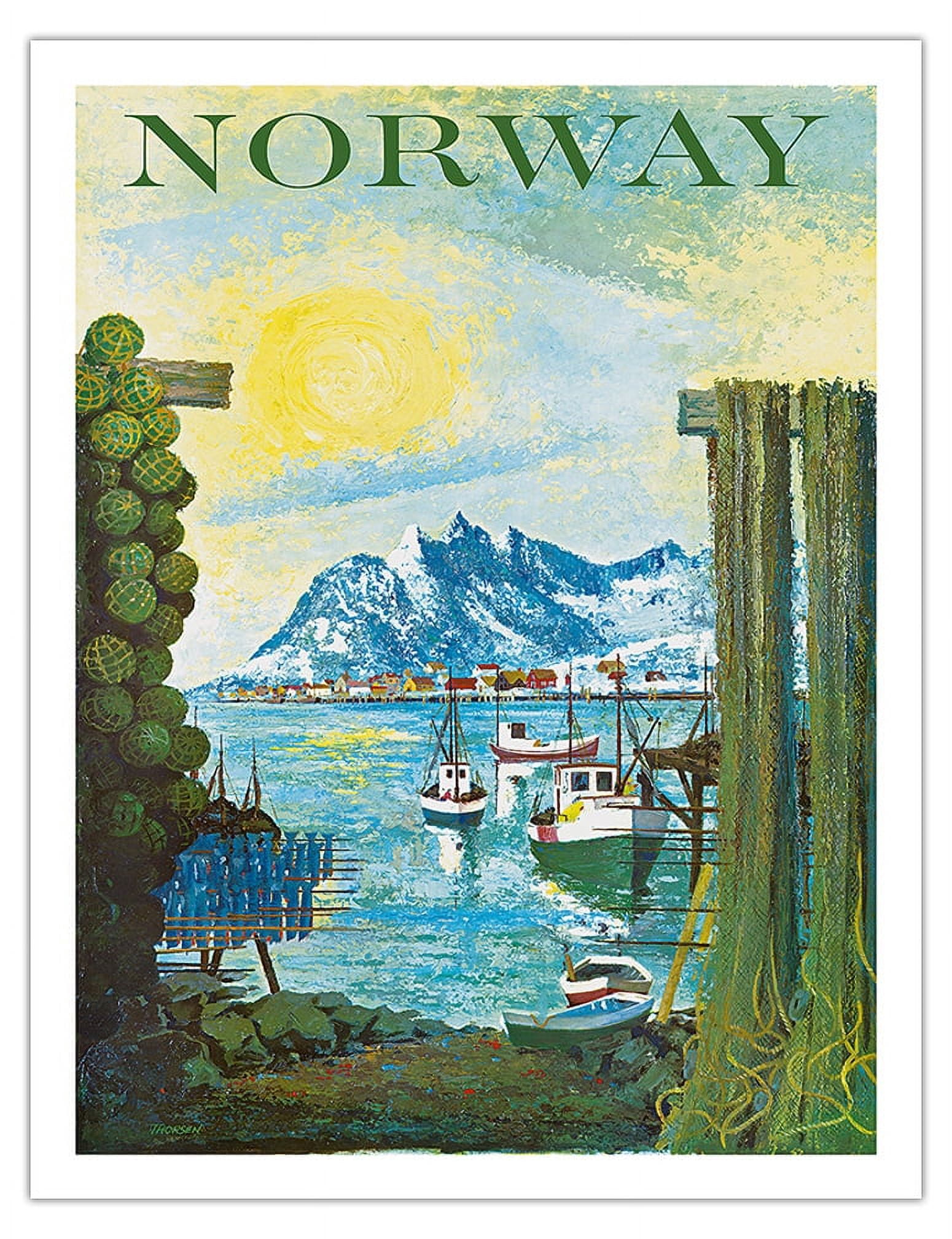 Norway - Scandinavia - Boats in Fishing Village - Vintage Travel Poster ...