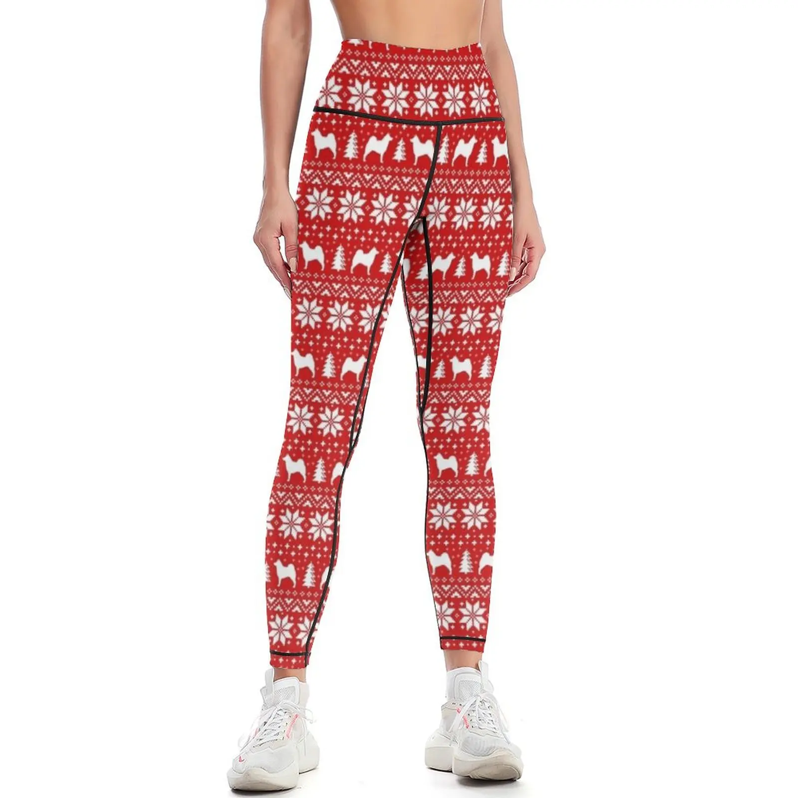 Norwegian Elkhound s Red and White Holiday Pattern Leggings Golf wear ...