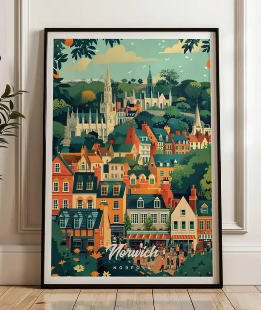 Norwich Travel Poster - England Wall Art Print, Illustration Poster ...