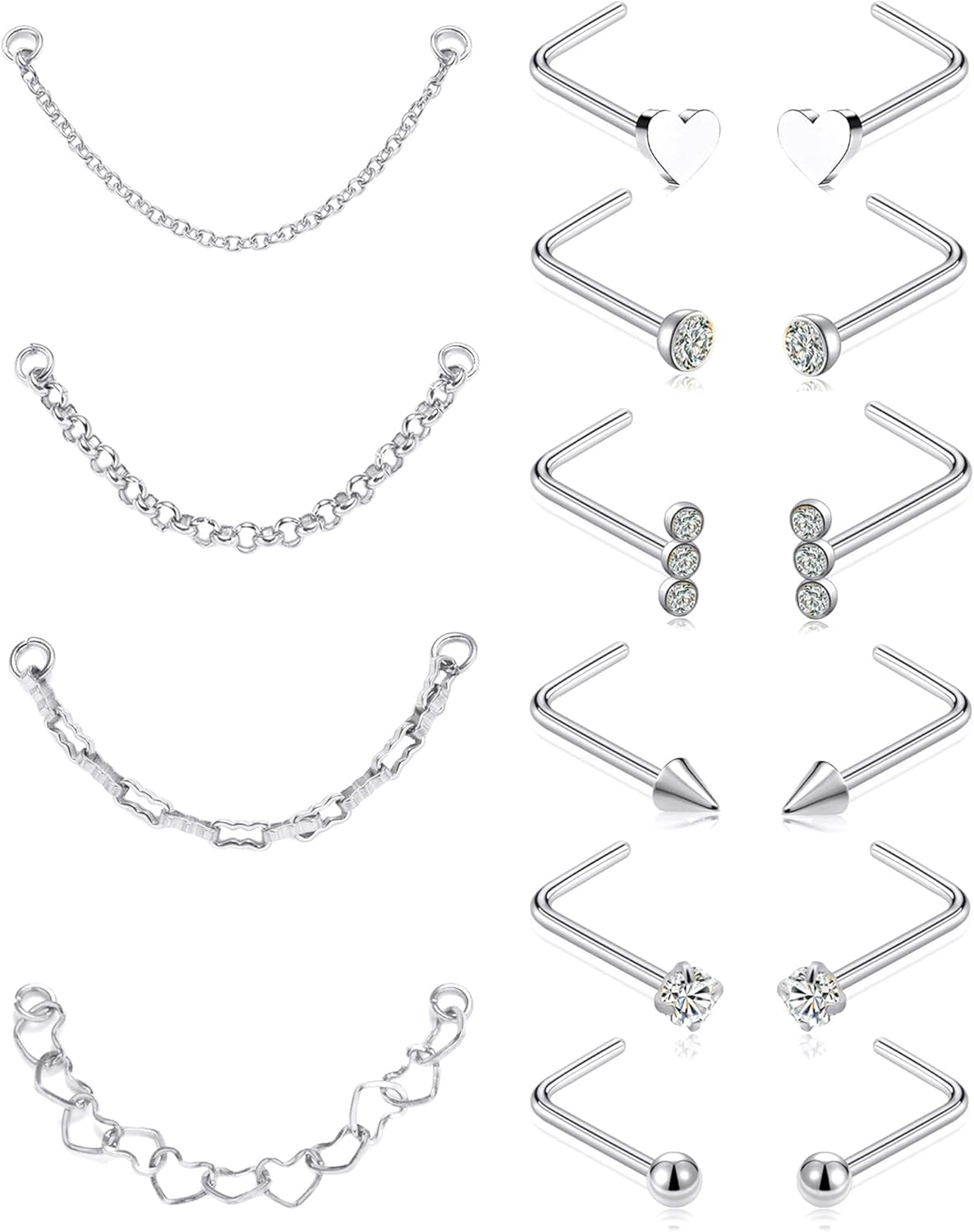 Nose Chain Piercing Across Double Nose Stud Chain CZ Heart Ball L ...