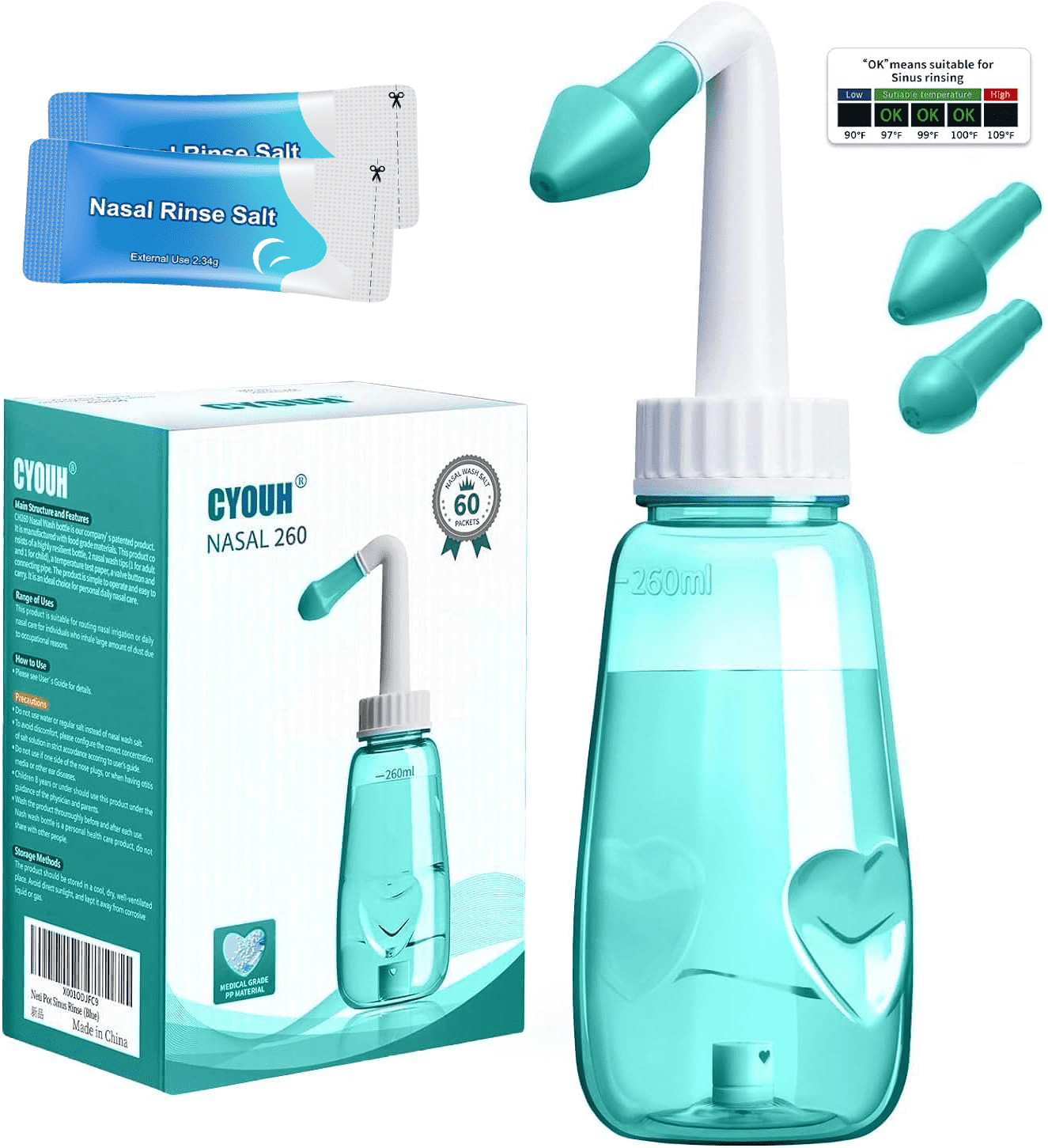 Nose Cleaner Neti Pot for Adult Nasal Wash with 60 Saline Packets 260 ...
