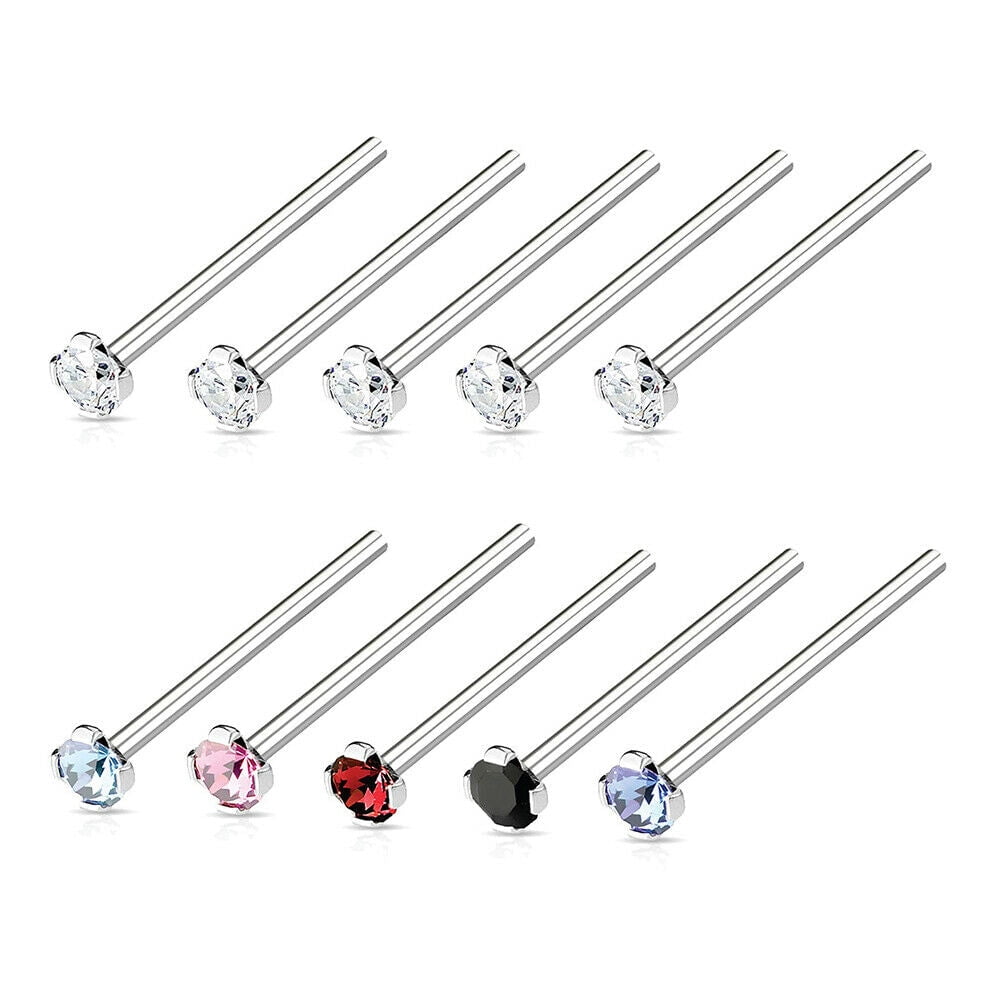 Nose Fishtail Jewelry Pack of 10 with Cubic Zirconia Stone on top 22g ...