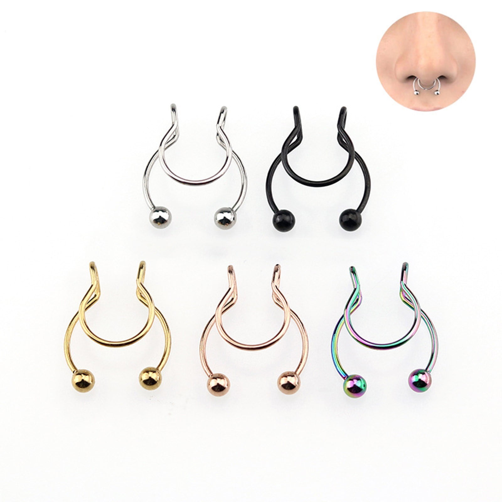 Nose Jewelry 5PC Stainless Steel Clip Gold Face Septum Rings Stud Non ...