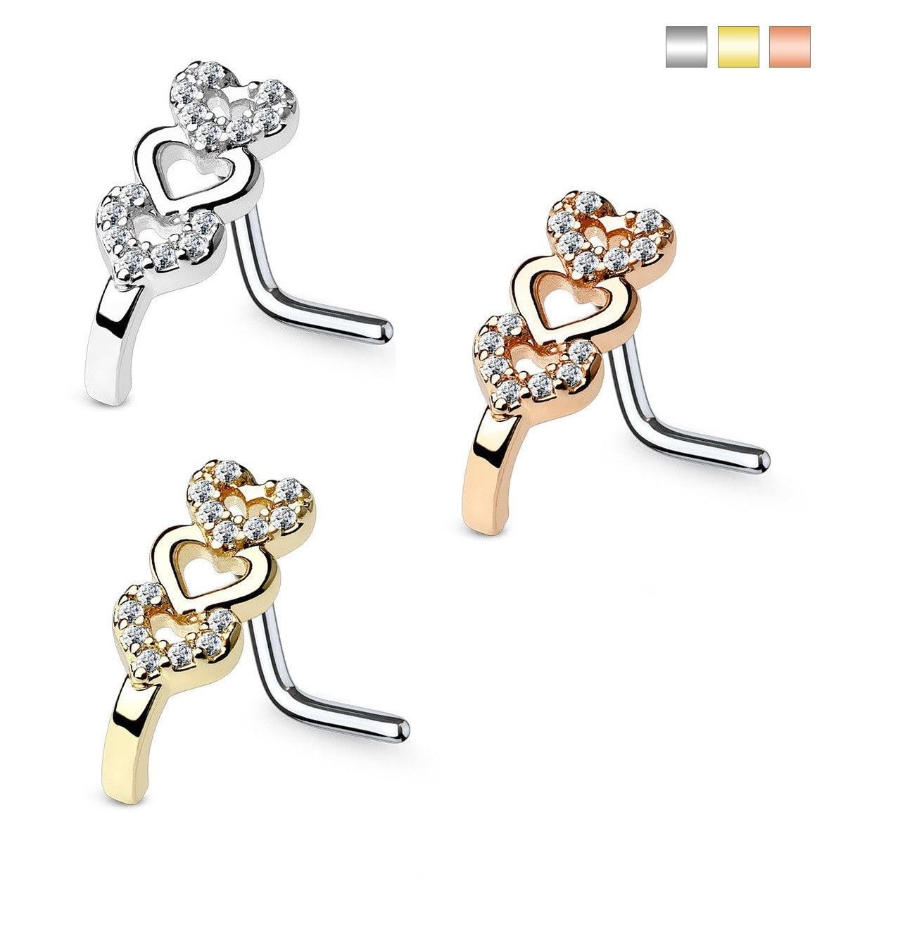 Nose Ring L-Bend 1pc CZ Gem Paved Triple Heart 20g 18G Nose Crawler ...