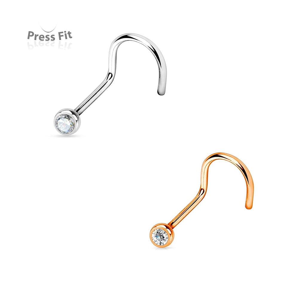 Nose Ring Screw Steel and Rose Gold Tone 2pcs with Press Fit Gem Stud ...