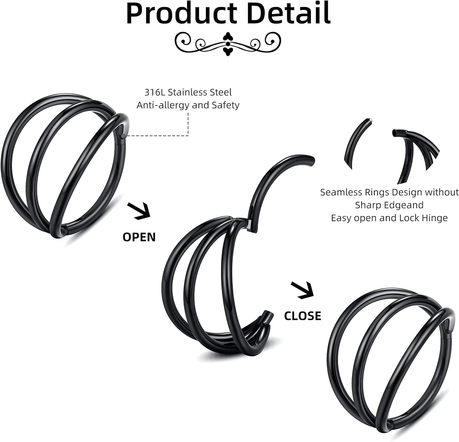 Nose Rings Lip Septum Clicker : Triple/Double Open Stack Conch Daith ...