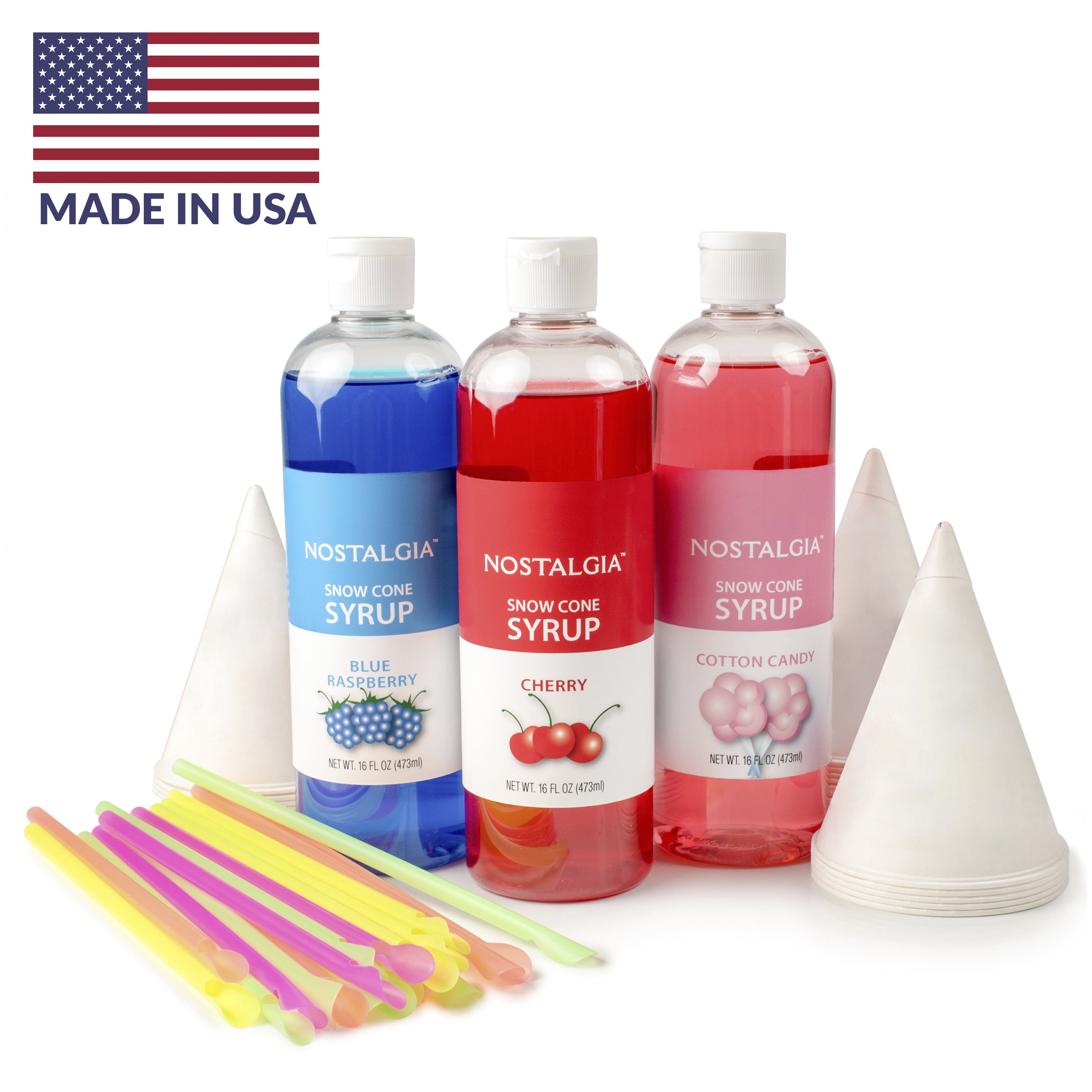 Nostalgia Snow Cone Syrup Party Kit: 3 Flavor Refill, 16 Oz Syrups, 20 ...