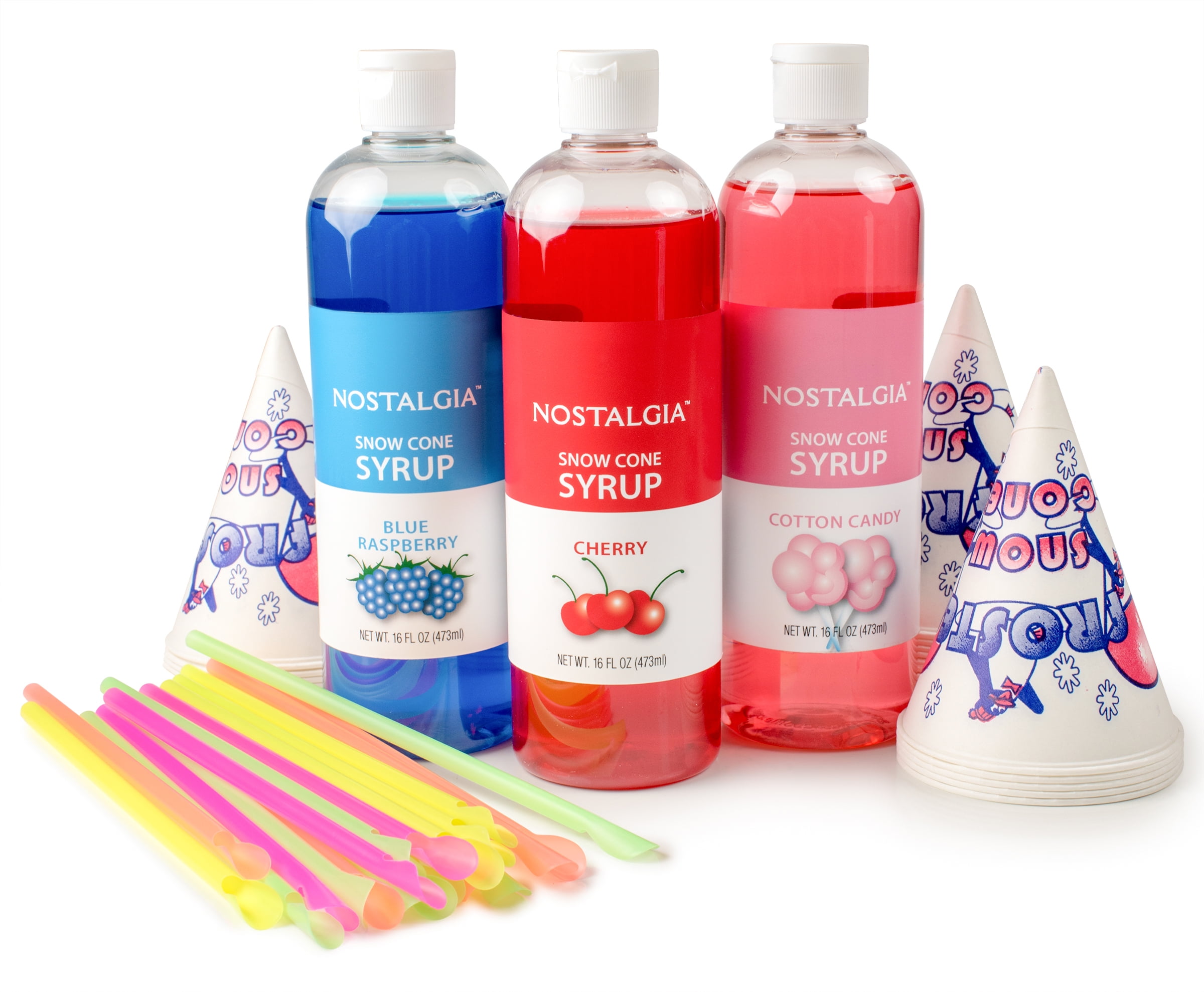 Nostalgia Snow Cone Syrup Party Kit: 3 Flavor Refill, 16 Oz Syrups, 20 ...