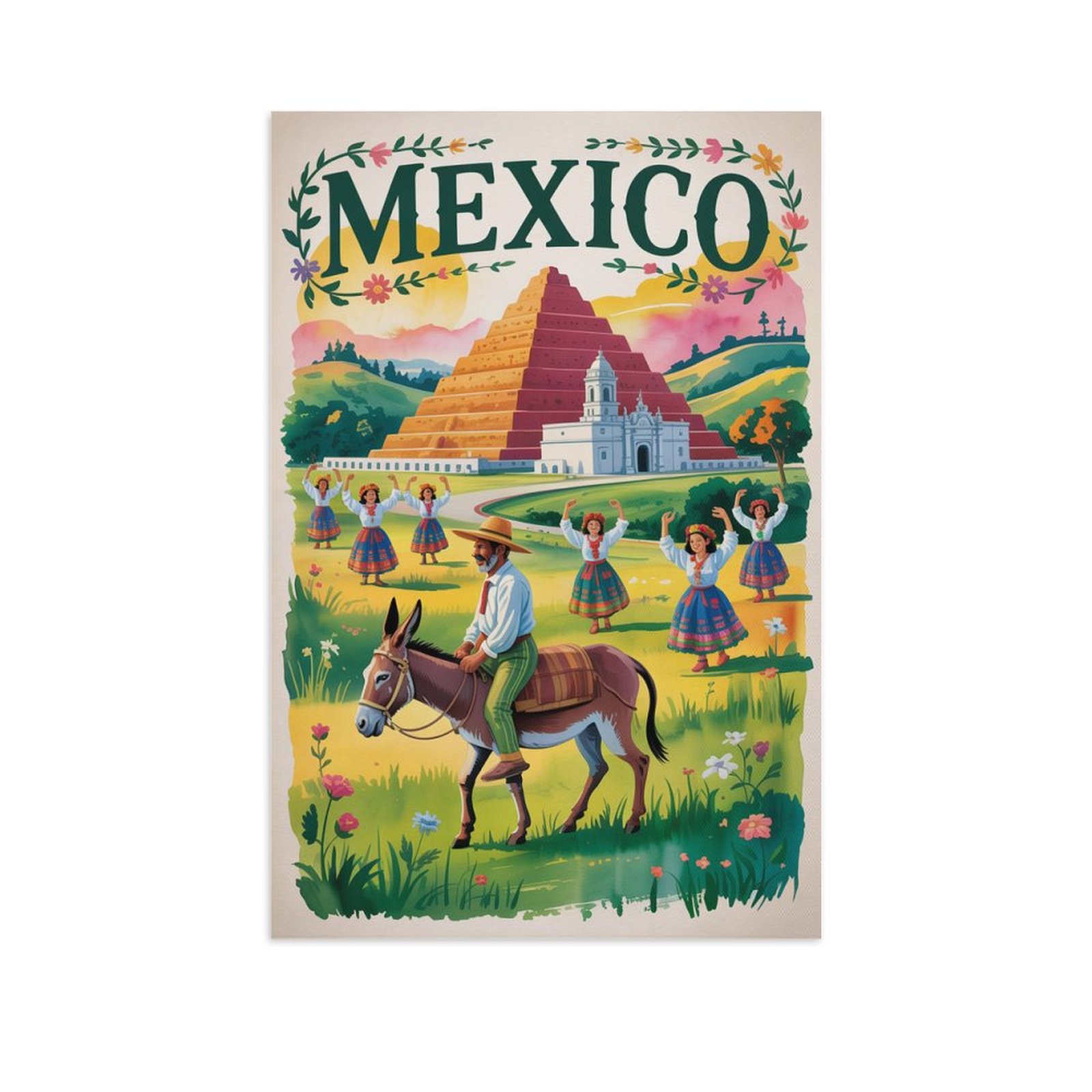 Nostalgic Cholula Retro Travel Poster Showing Countryside, Pyramid And ...