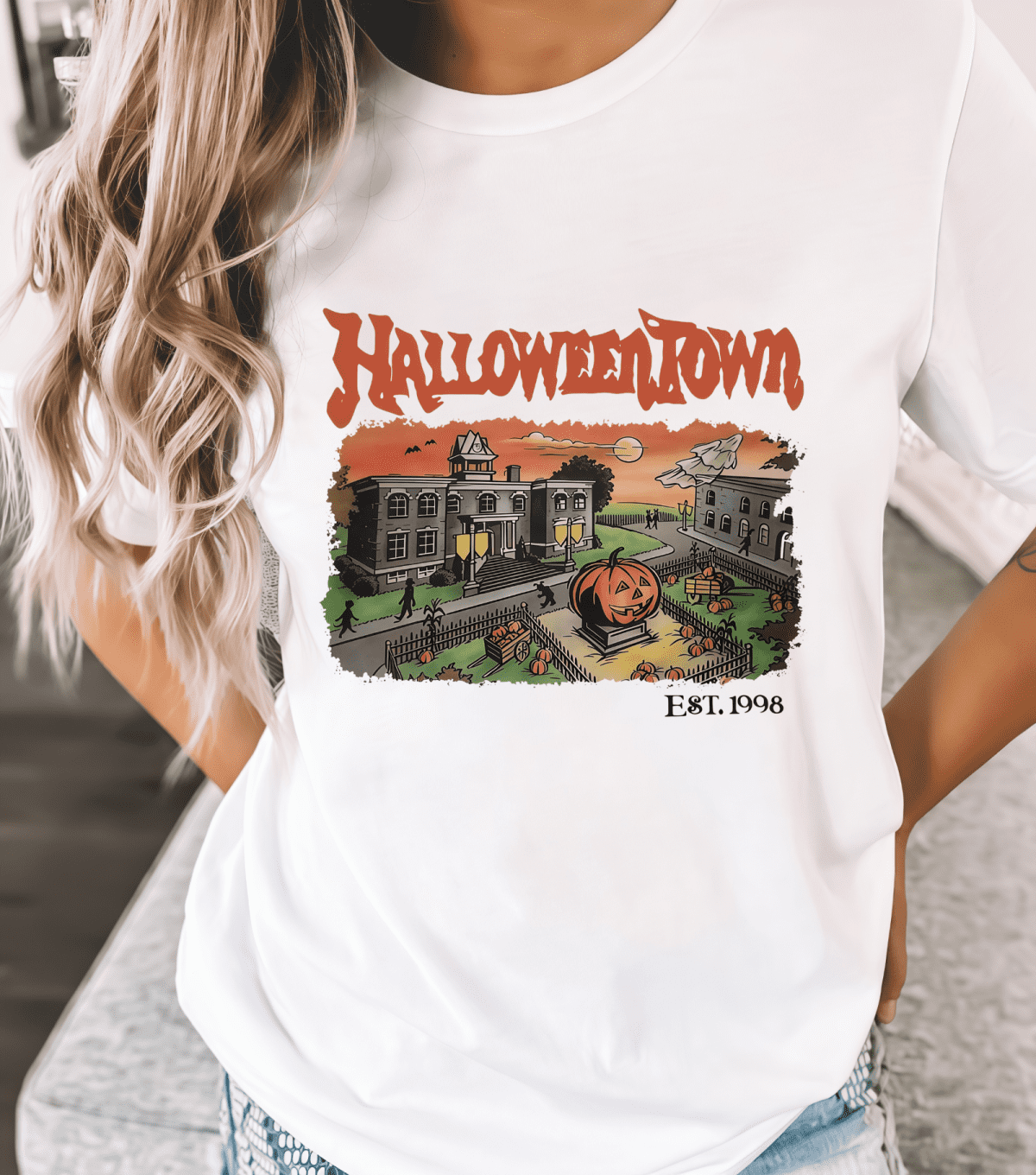 Nostalgic HalloweenTown Scene Vintage styled illustration of ...