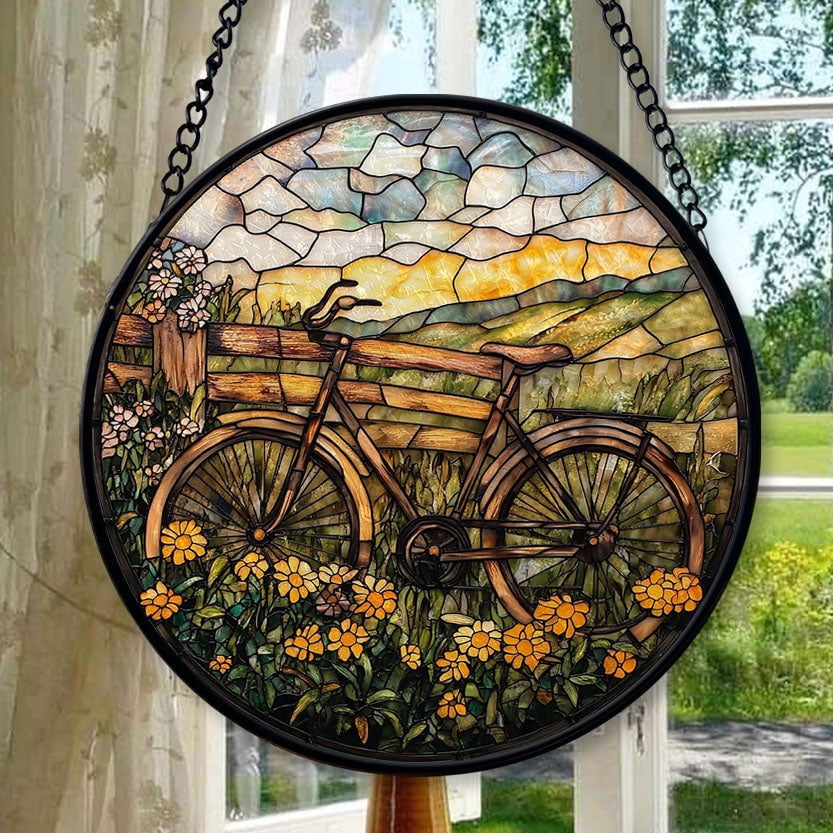 Nostalgic Pathway Bike Suncatchers for Windows, Stained Glass Window ...