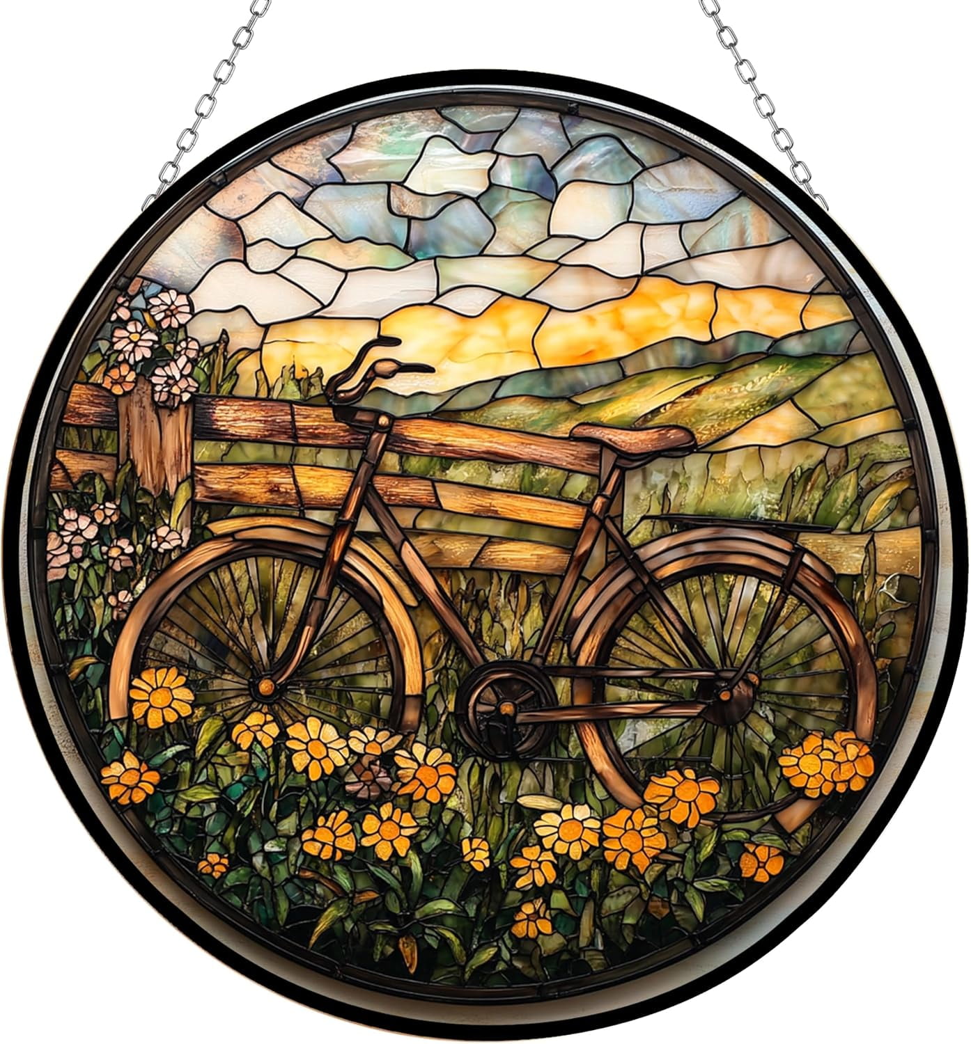 Nostalgic Pathway Bike Suncatchers for Windows, Stained Glass Window Hangings,Hand-Painted Glass ...