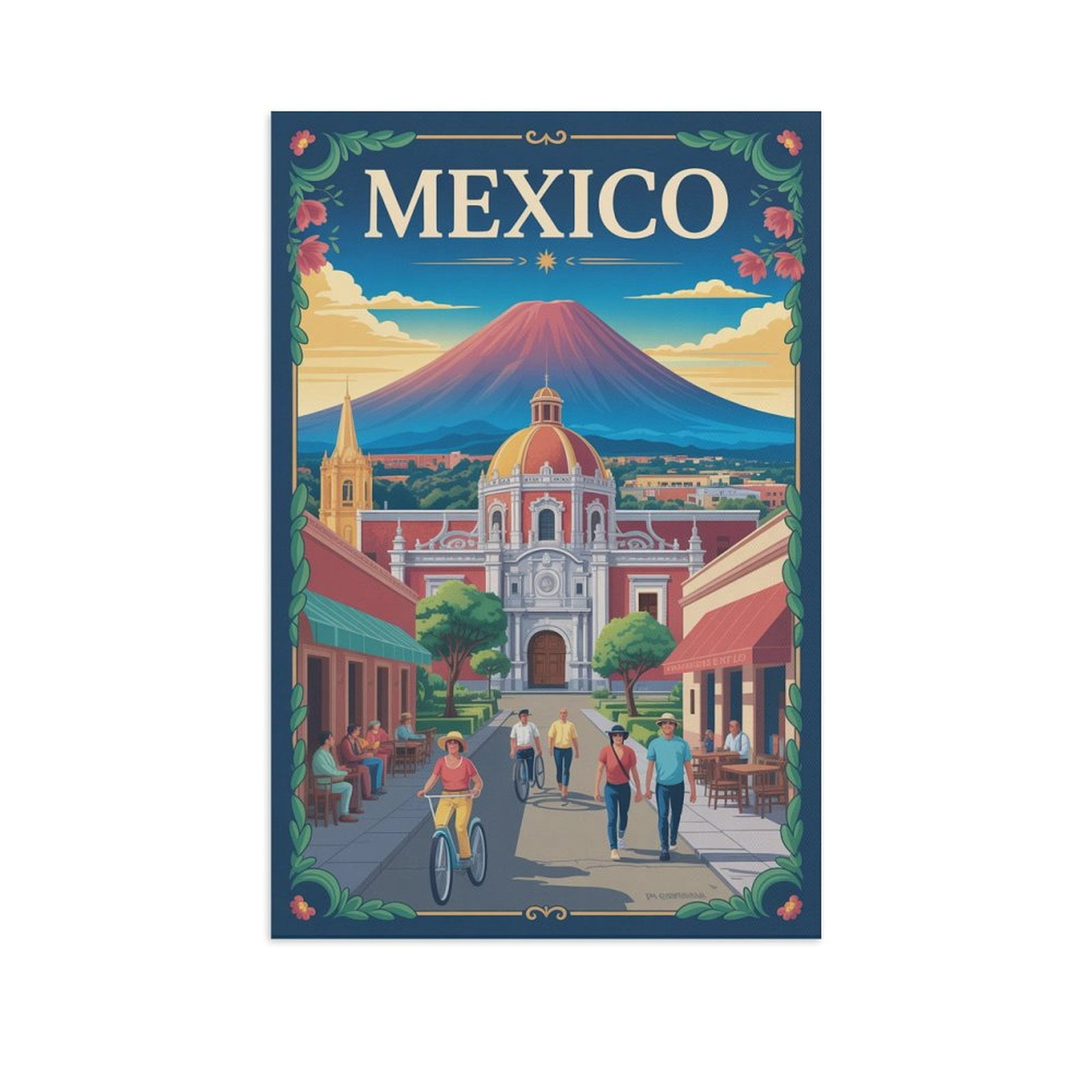 Nostalgic Puebla Retro Travel Poster with Bold Color Details And Street Café Scene Canvas Poster ...