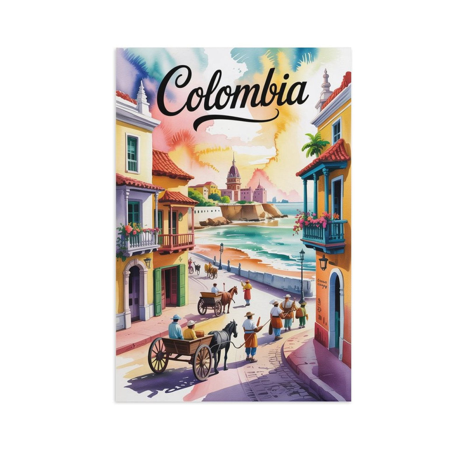 Nostalgic Vintage City Travel Poster of Cartagena Featuring Cobblestone ...