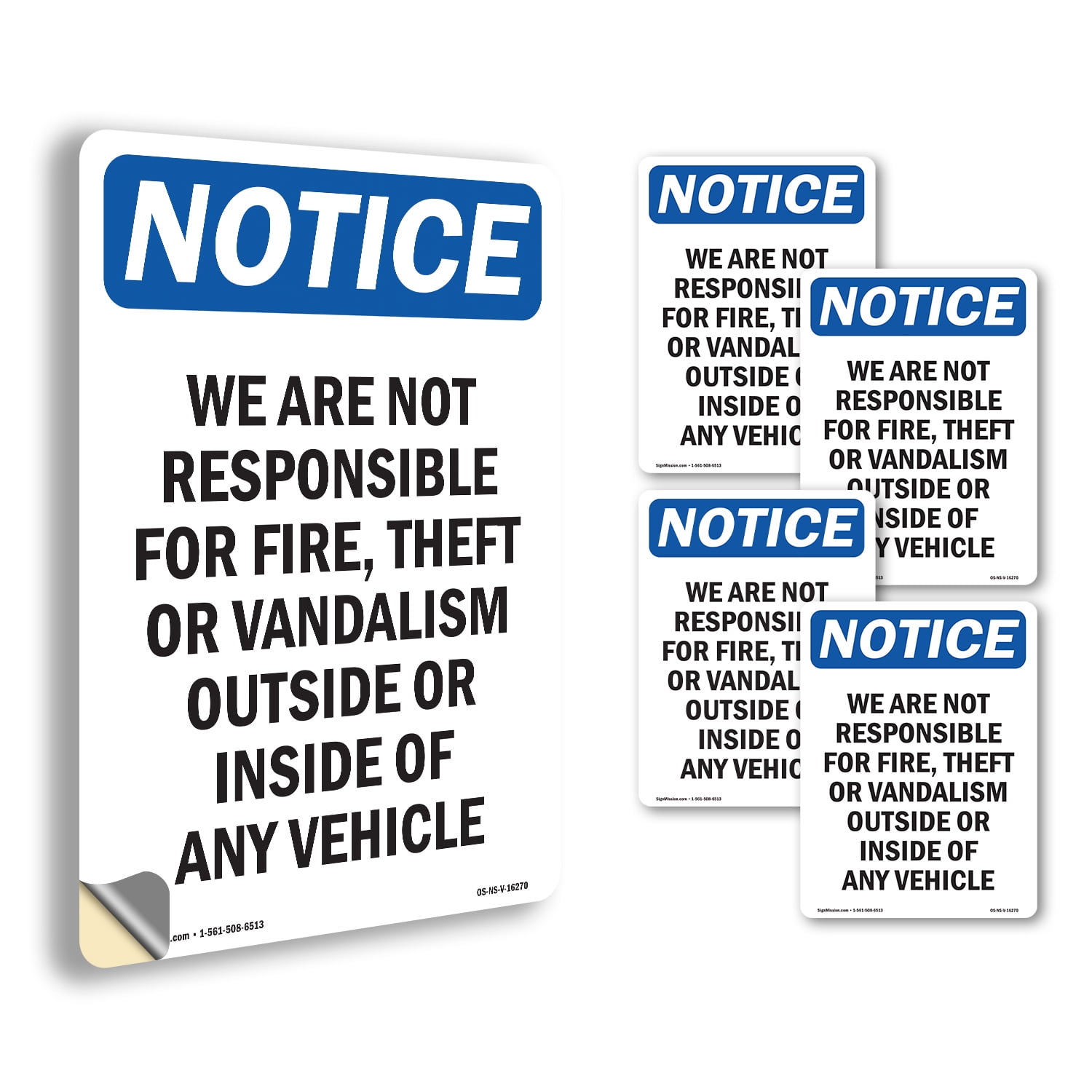 Not Responsible For Fire Theft Vandalism OSHA Notice Vinyl Decal Label ...
