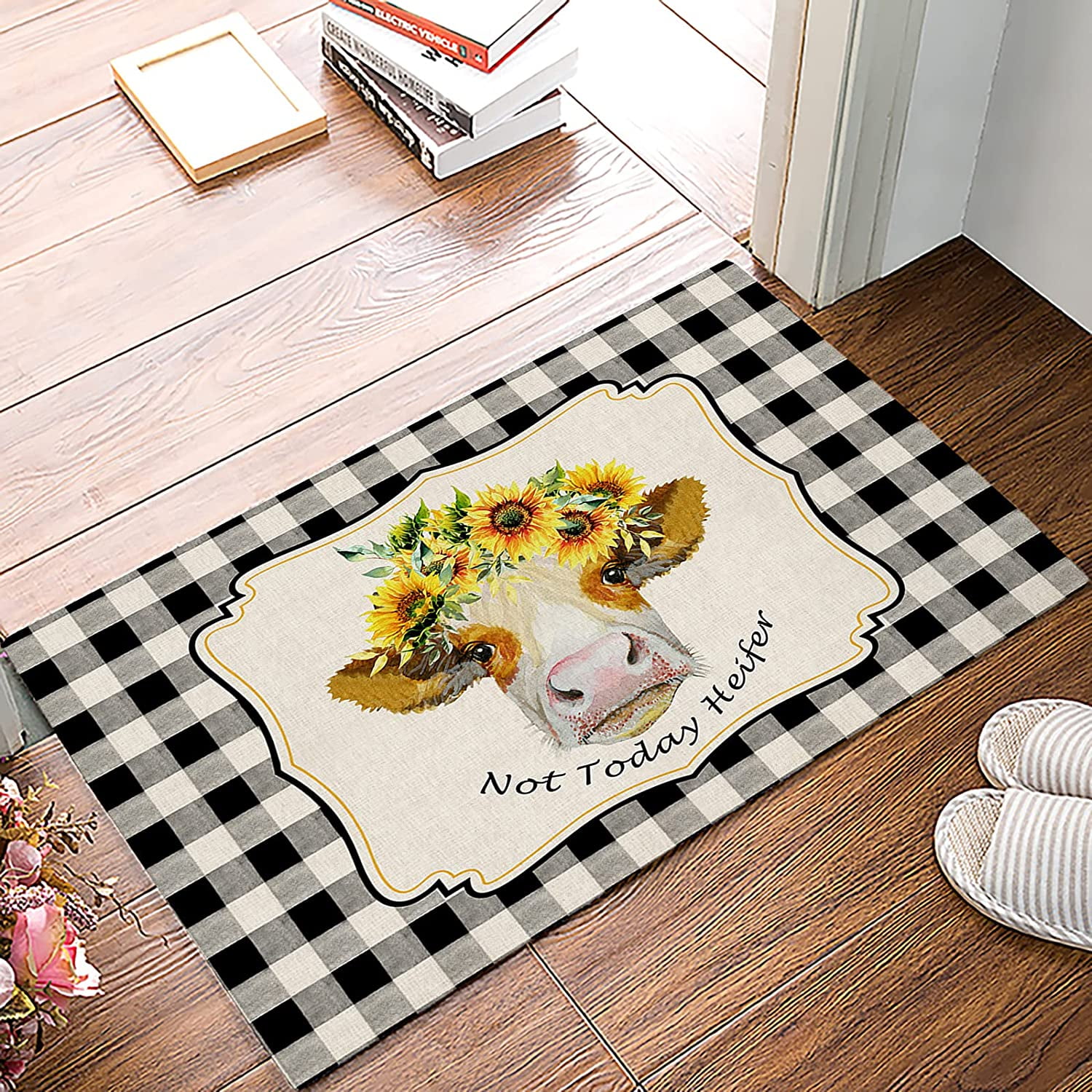 Front Door Mat Indoor Not Today Heifer Farm Funny Cow and Sunflower ...